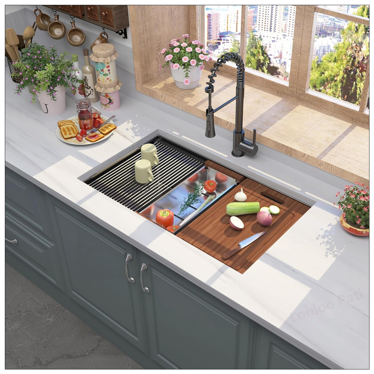 lonloo pati 32 Inch Gunmetal Black Undermount Workstation Sink with 16 ...