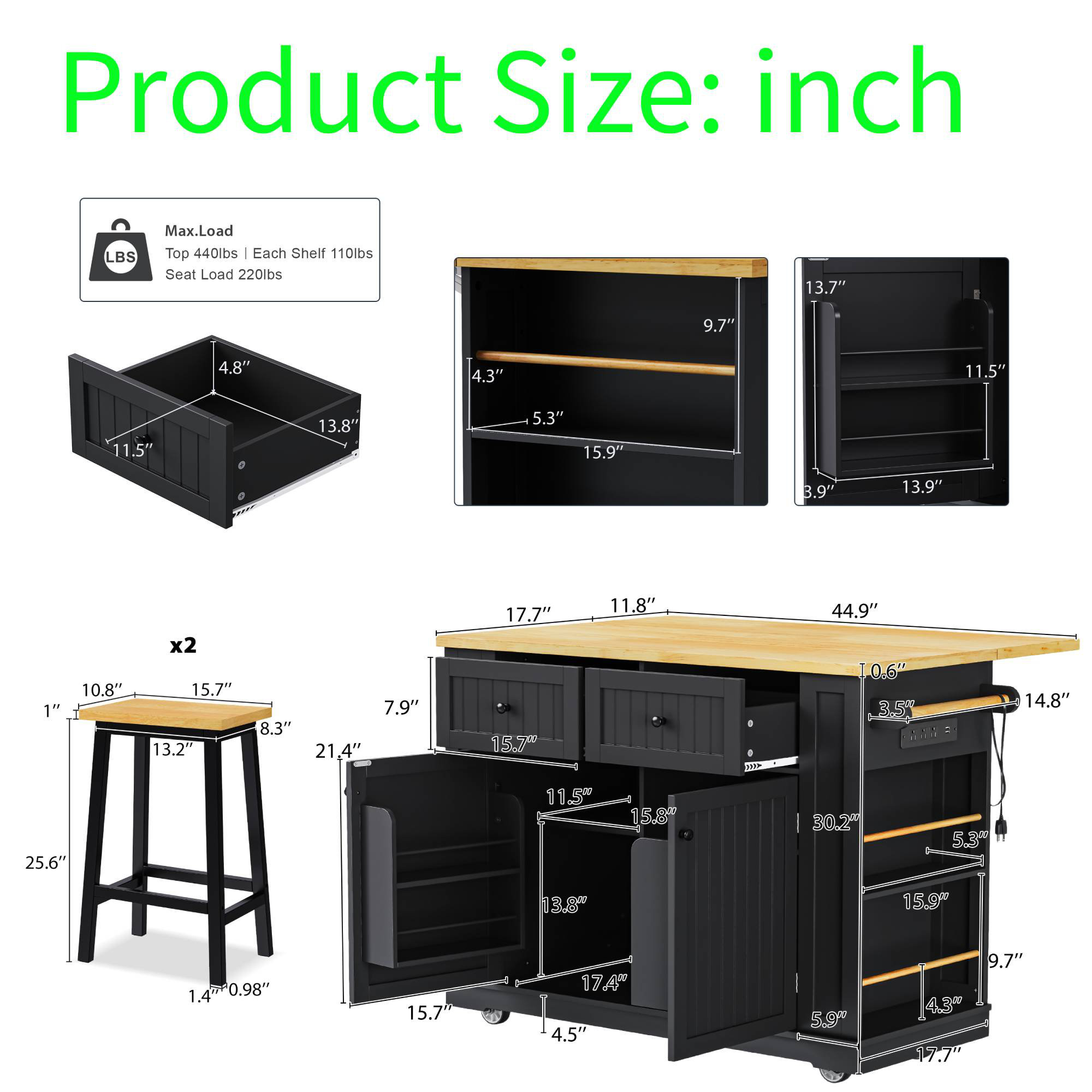 Red Barrel Studio 3-Piece Kitchen Island Cart With Bar Stools, Rolling ...