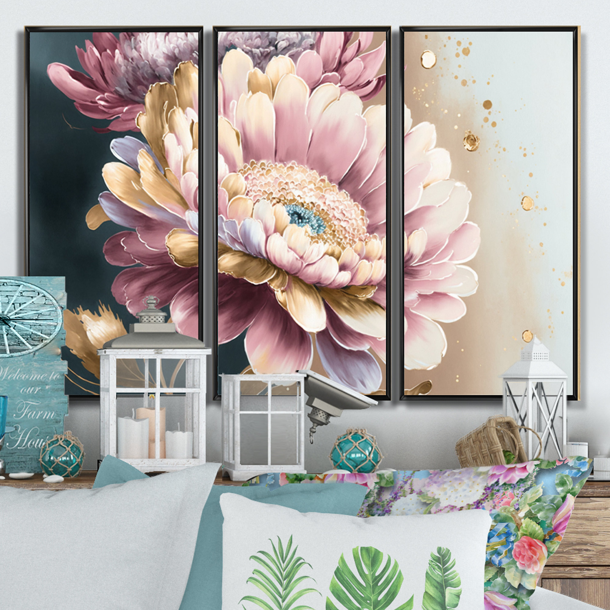 Design Art Pink And Gold Daisy Flower - 3 Piece Floater Frame Print on ...