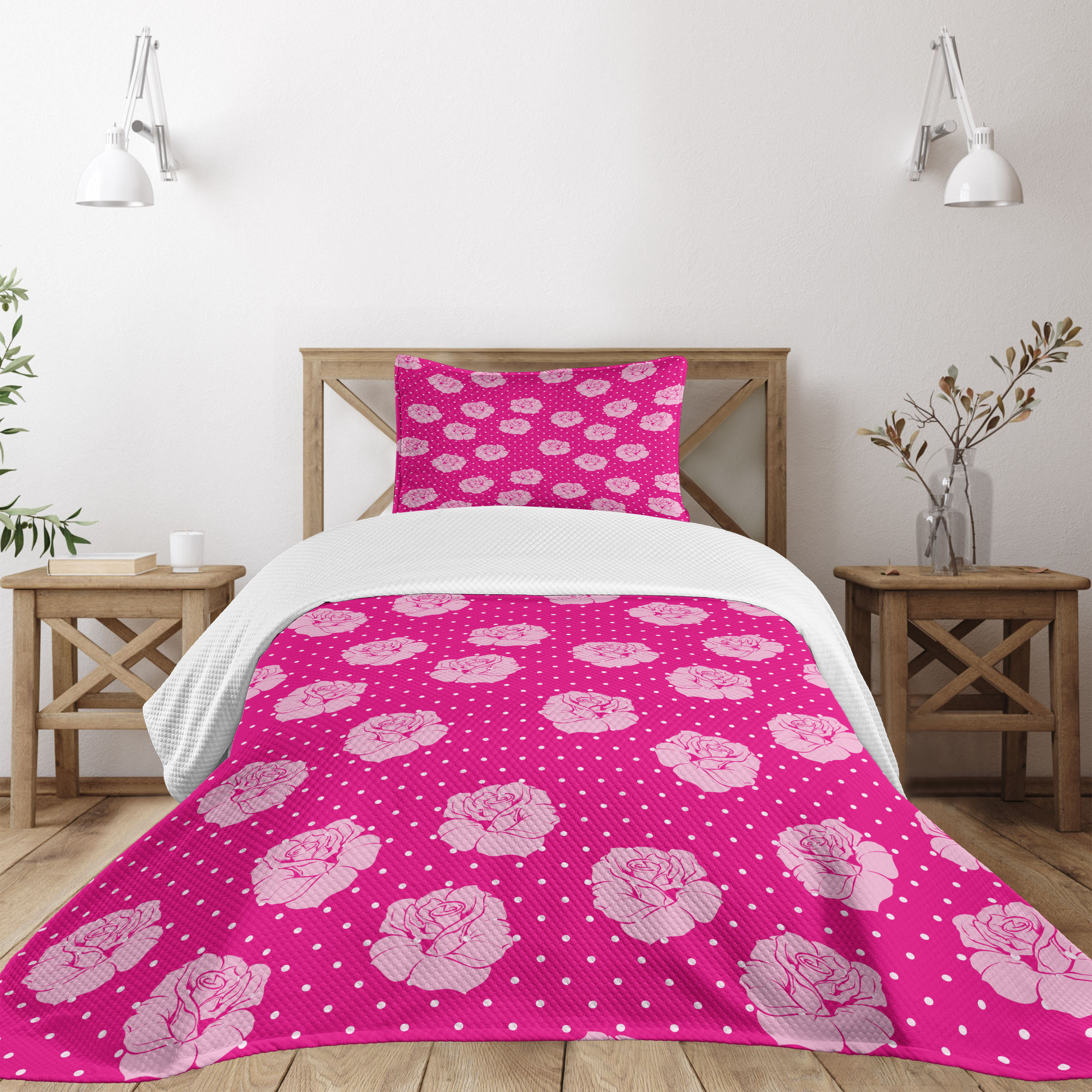 Ambesonne Hot Pink Bedspread Set Vintage Roses Love Dot Hot Pink Pale ...