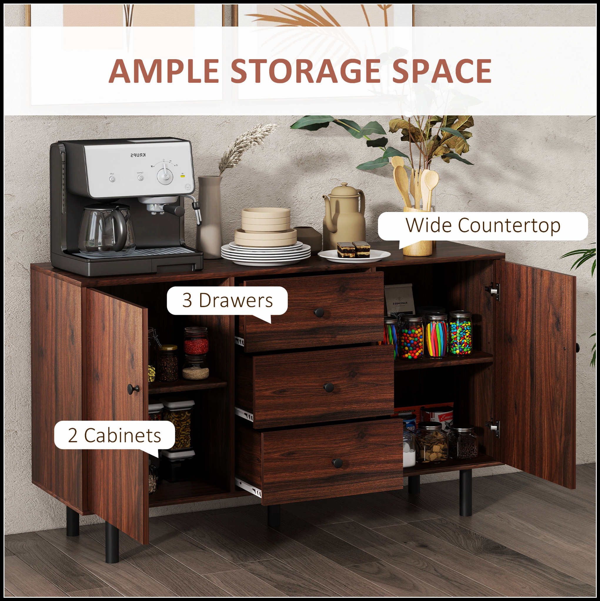 Ebern Designs Buffet, armoire de cuisine avec 2 armoires, 3 tiroirs et ...