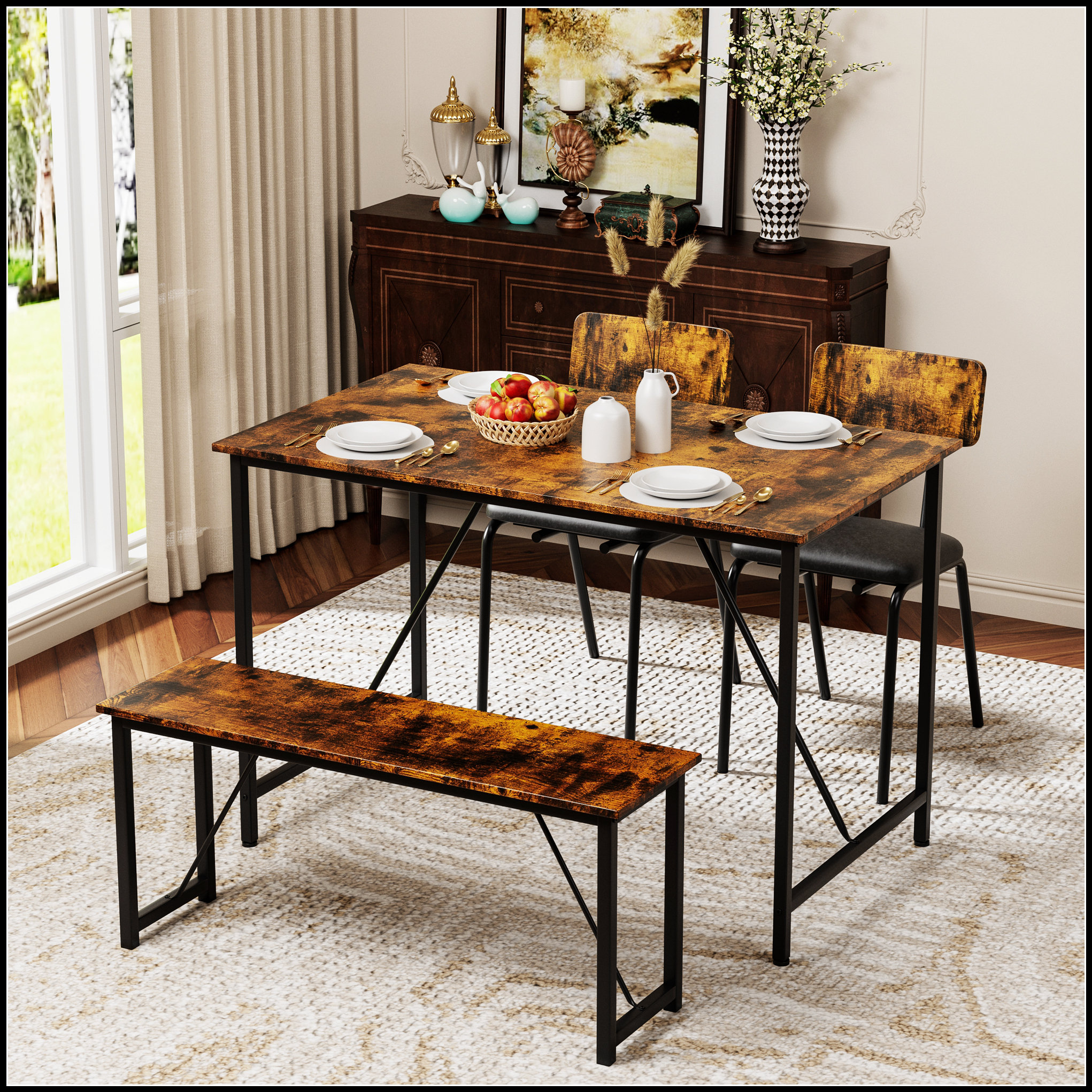 Ivy Bronx 4 Piece Dining Table Set With Bench, Compact And Stylish For ...