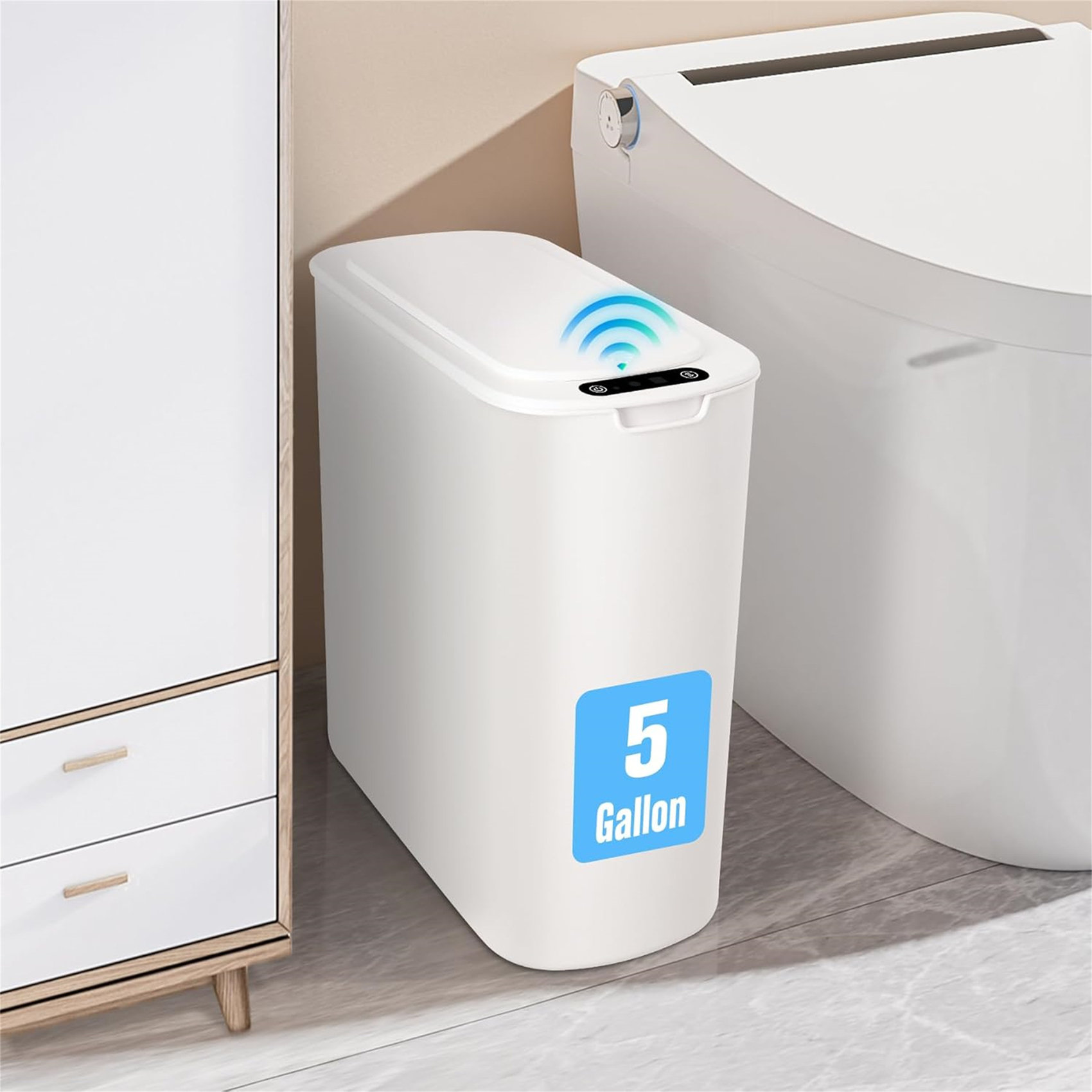 TELA 5G Automatic Bathroom Trash Can, White Touchless Garbage Can, Motion Sensor Dustbin, Slim ...