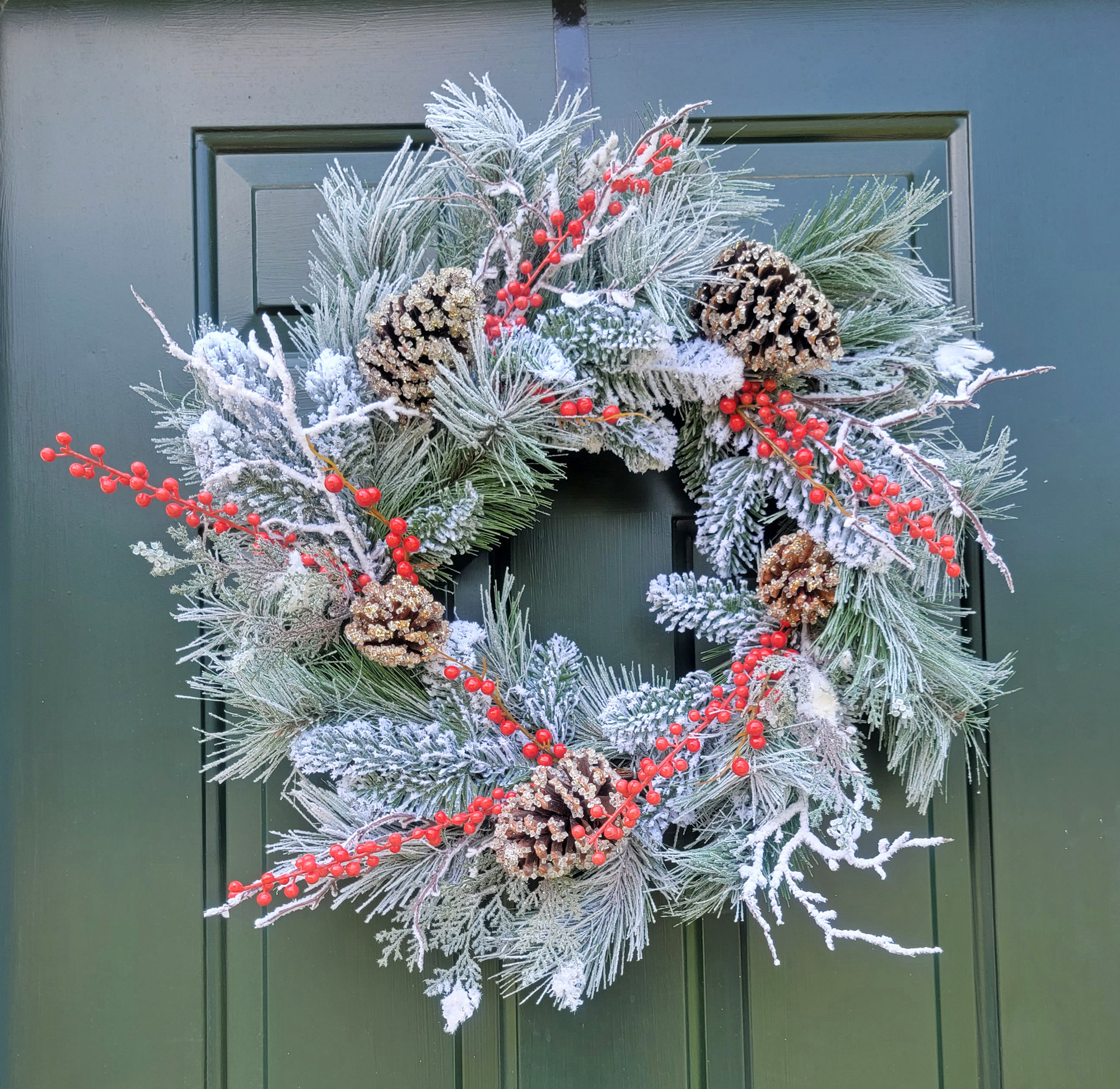 The Twillery Co. Oakgrove Flocked Christmas Pinecone Red Berry Wreath ...