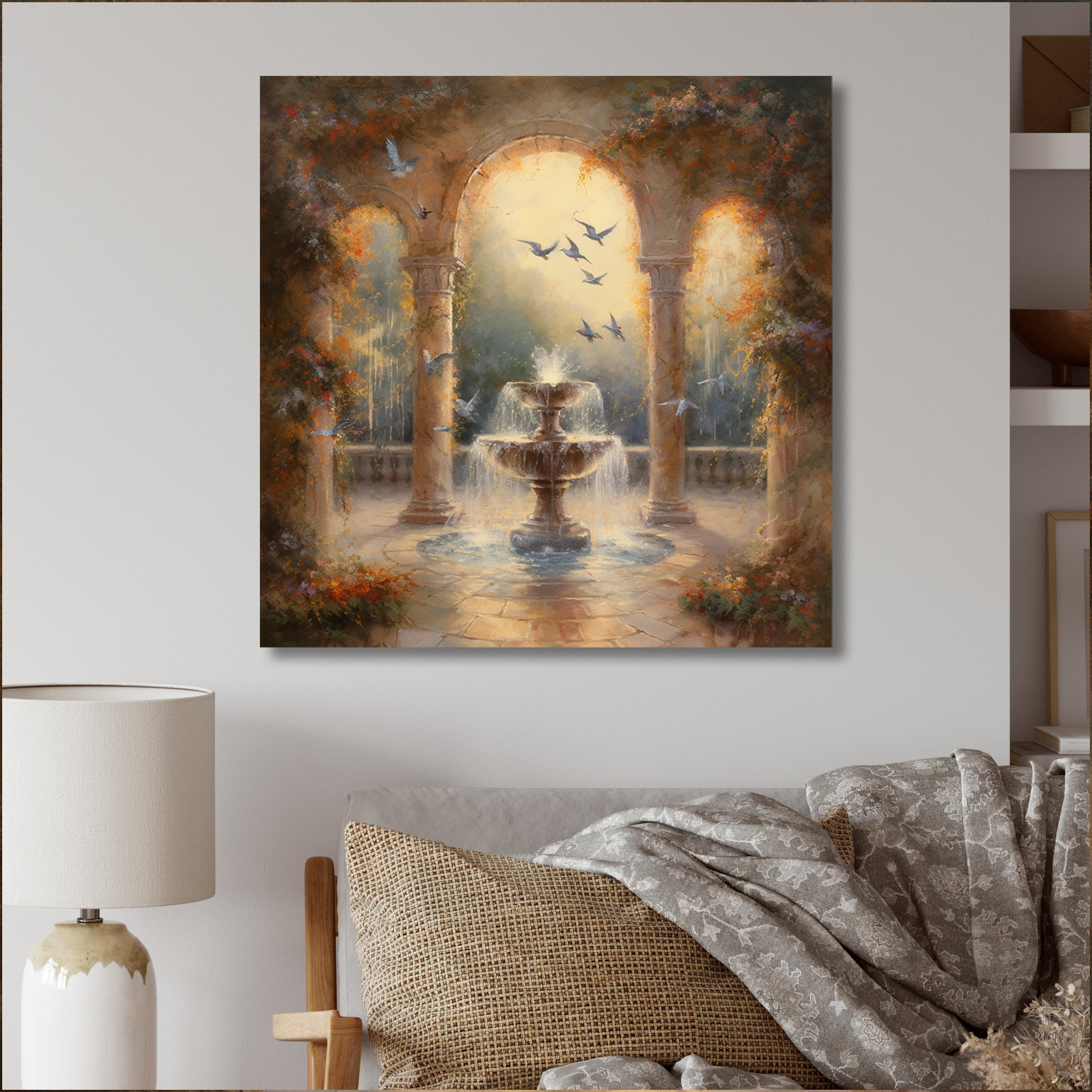 Alcott Hill Floral Fountain And Birds VI - Floral Canvas Prints ...