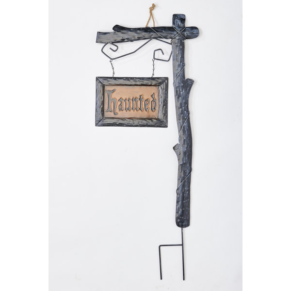 The Holiday Aisle® 37" Metal Halloween Haunted Sign Post Stake | Wayfair