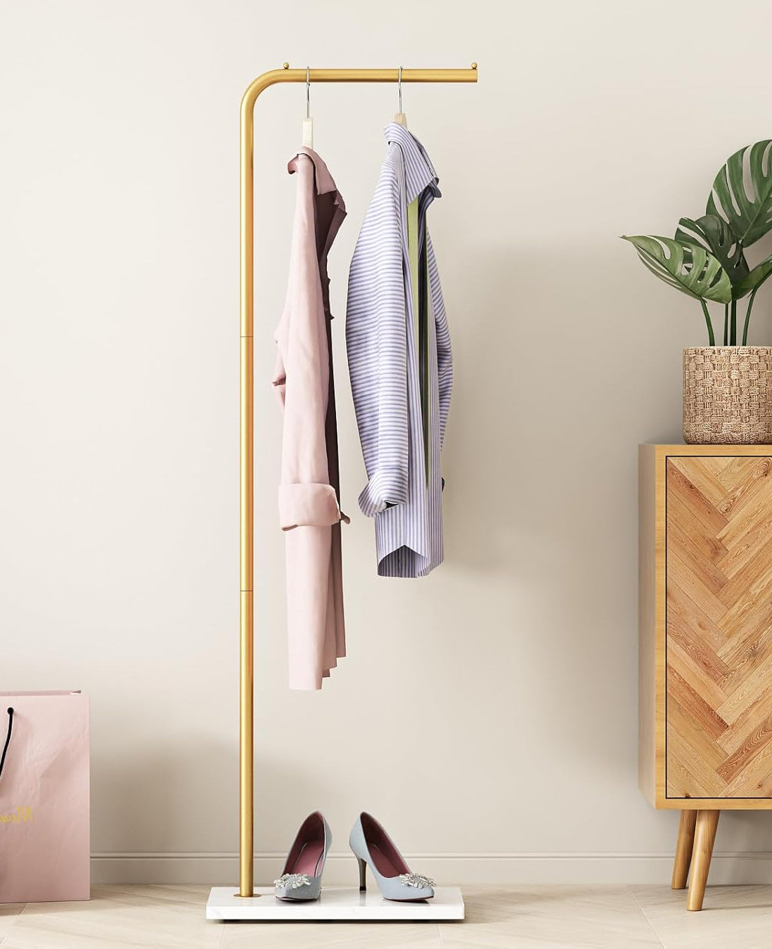 Everly Quinn 59in Modern Coat Tree with Crossbar and 3 Hooks Standing ...