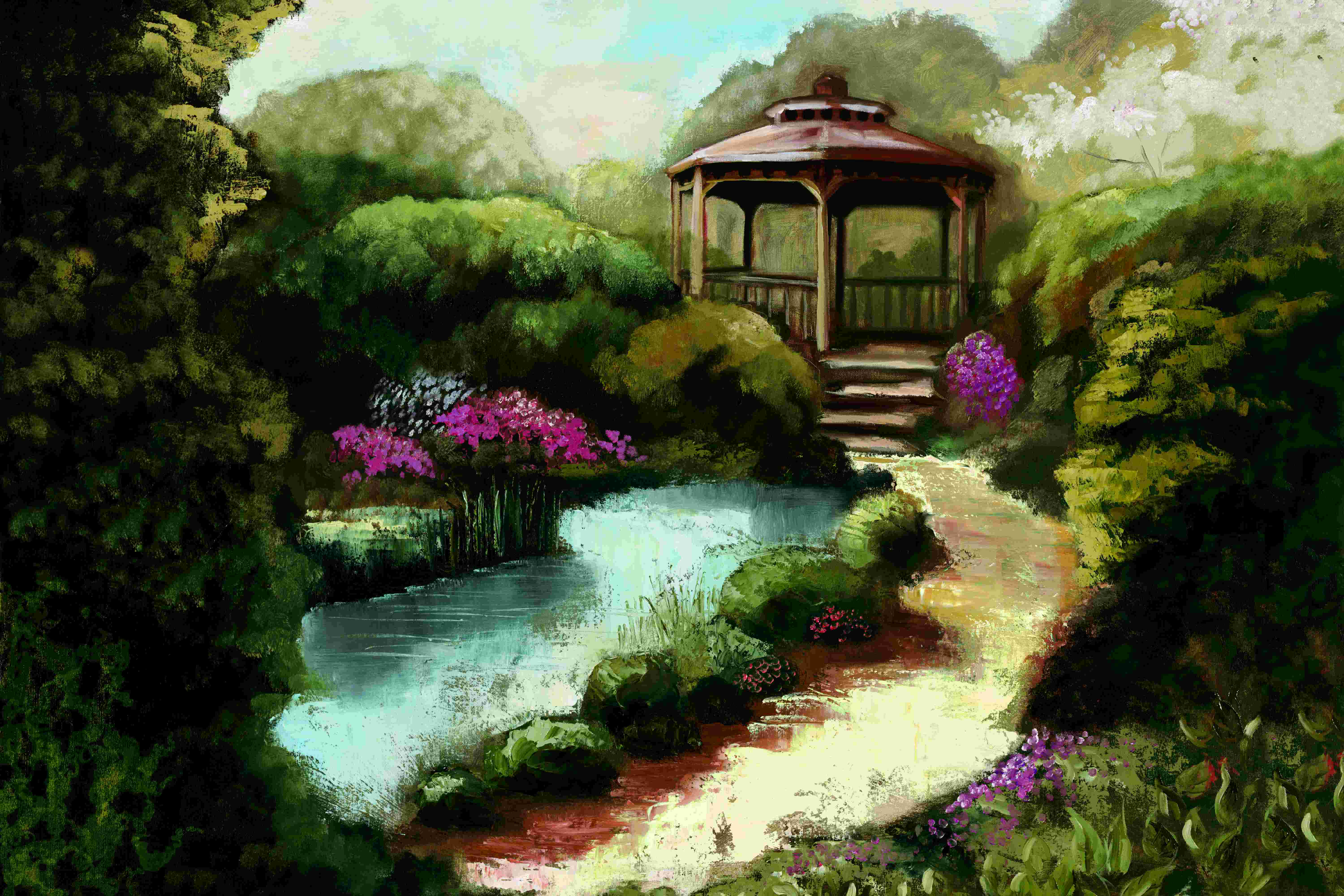 Winston Porter Garden Gazebo - Wrapped Canvas Painting | Wayfair