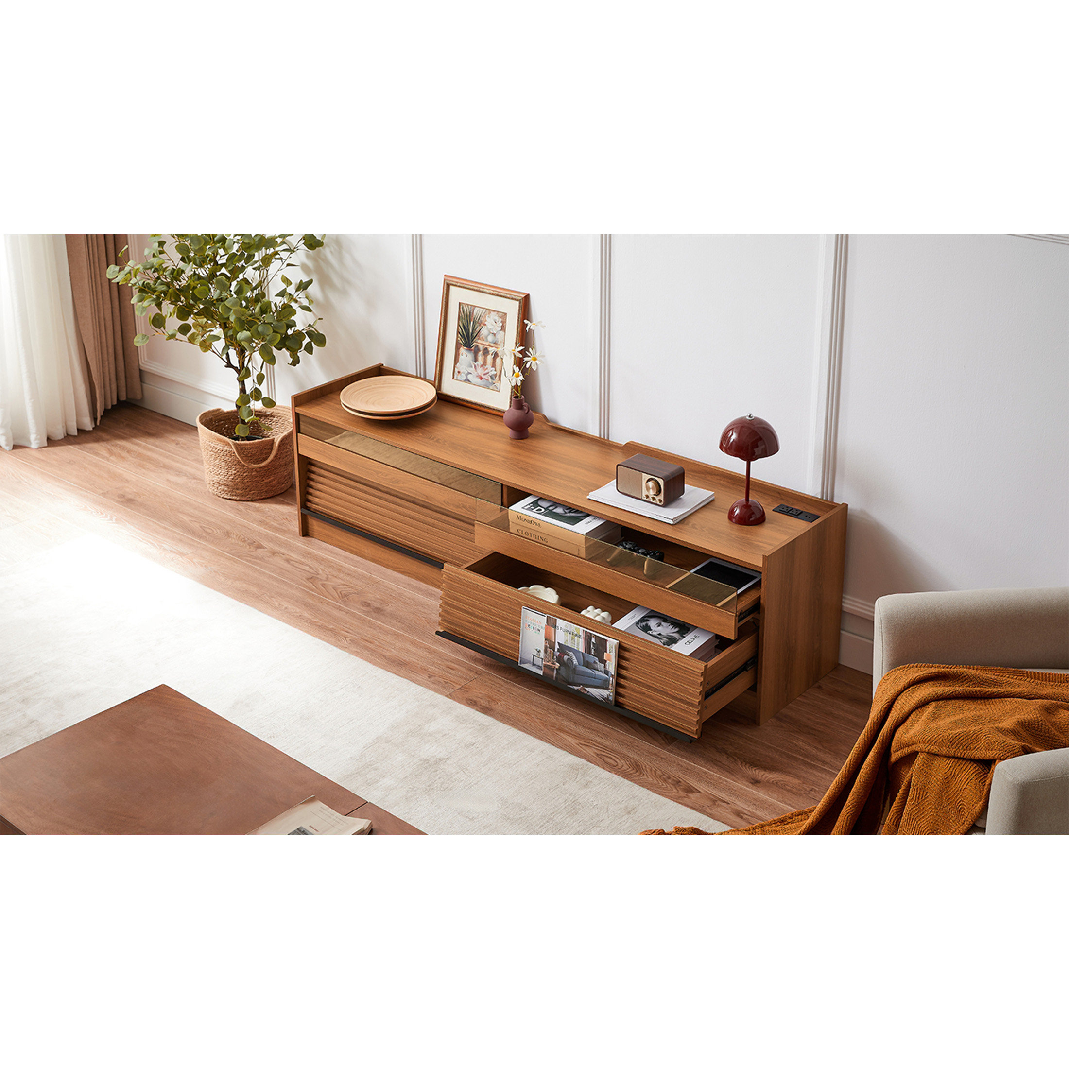 George Oliver Mirod Modern TV Stand with Ample Storage,4 Drawer Design with Tempered Glass ...