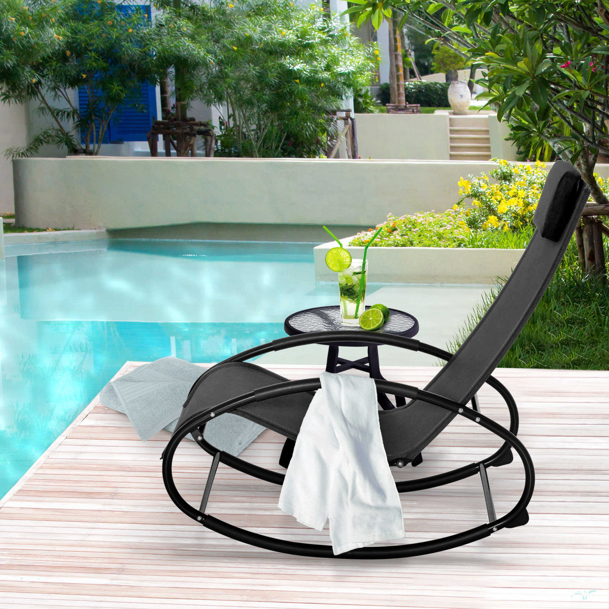 Ebern Designs Outsunny Pool Lounger, Outdoor Rocking Lounge Chair For ...