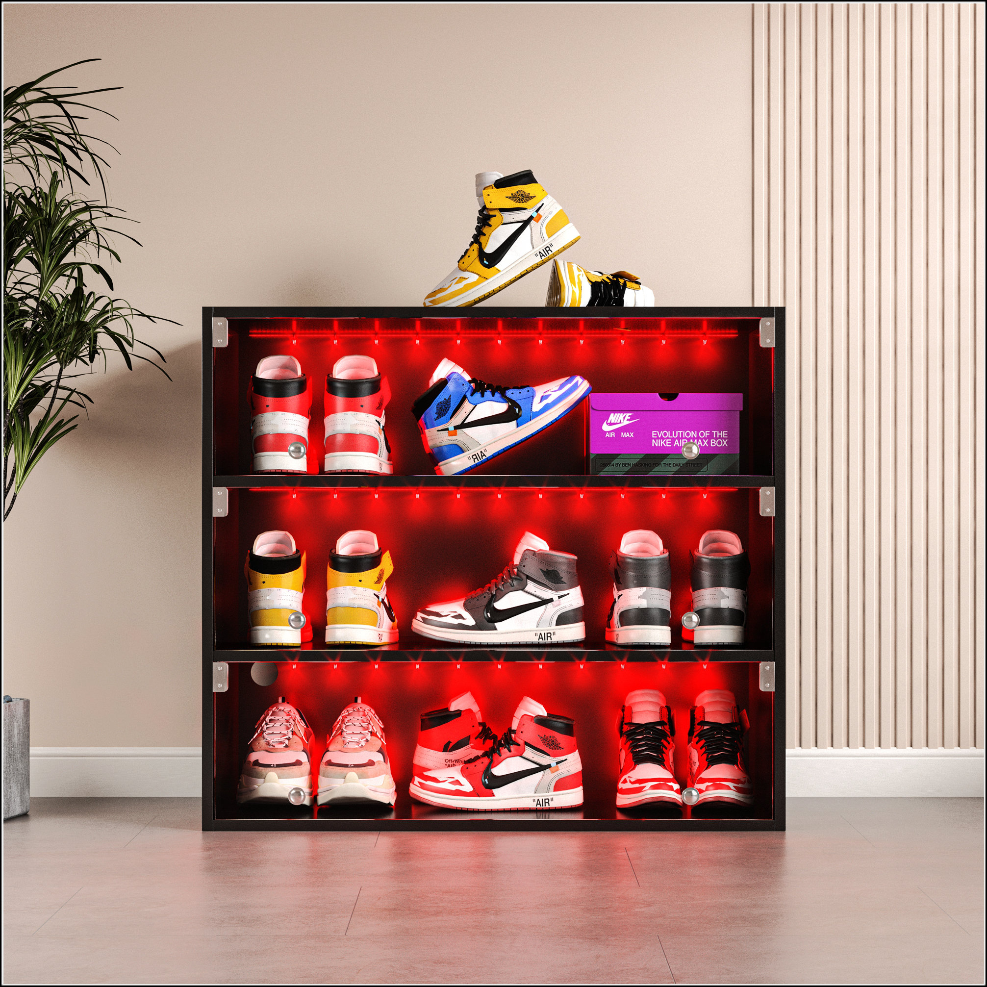 Ivy Bronx Black Led Light Shoe Box Three Layers With Glass Doors | Wayfair