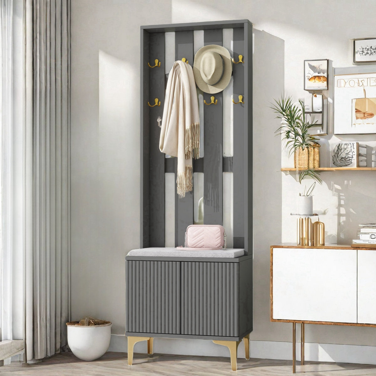 George Oliver Trimble With Cushion, Versatile Coat Rack With 8 Gold ...