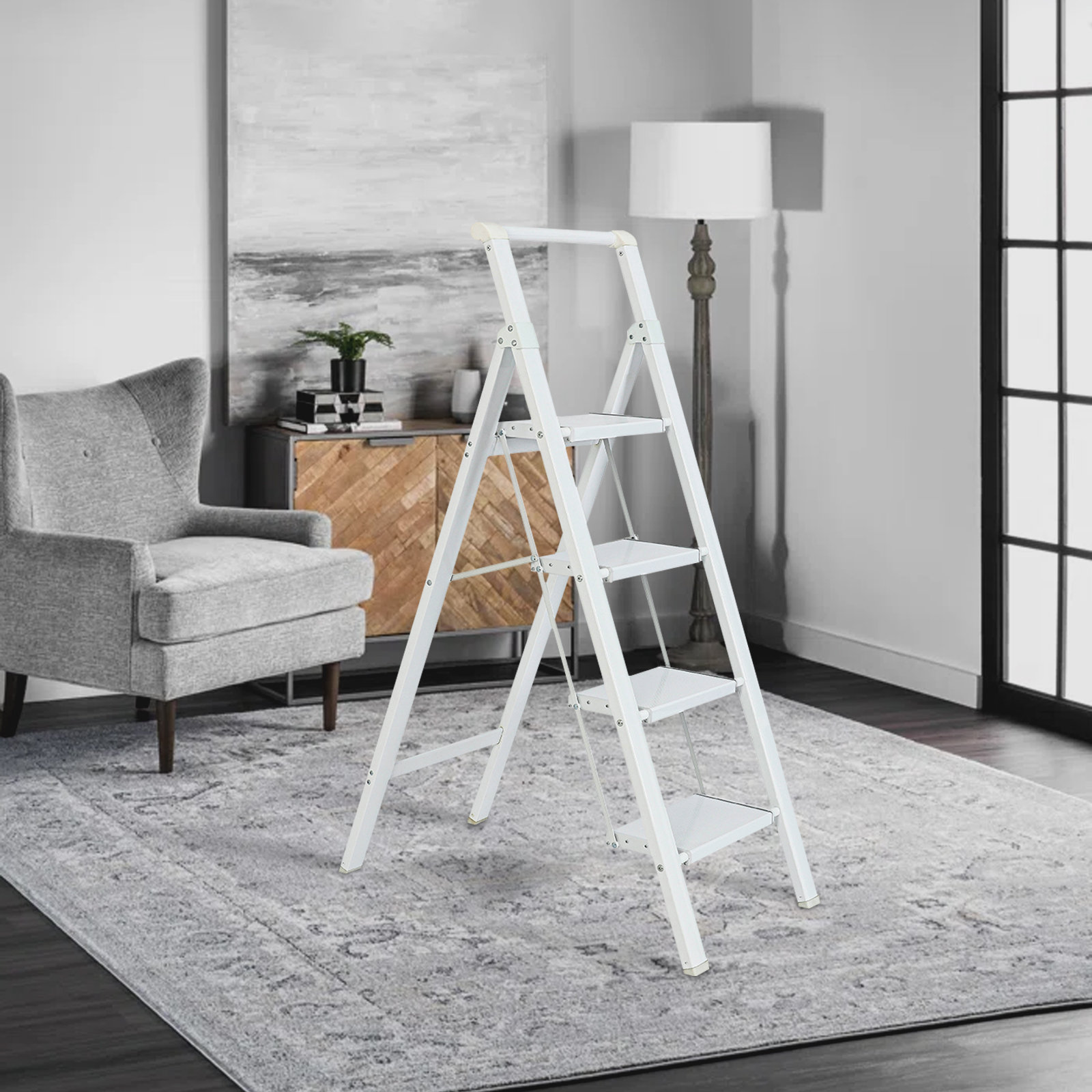 Rebrilliant Wood Grain 4-Step Aluminum Folding Step Stool Ladder ...