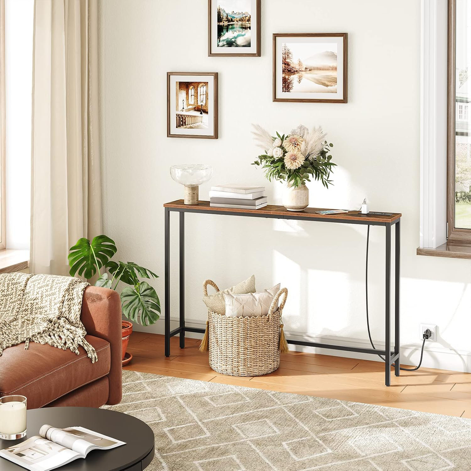 17 Stories 5.9" Narrow Console Table With Outlets, Rustic Sofa Table ...