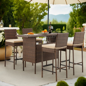 Arlmont & Co. Wicker Bar Set with 4 Stools & Outdoor Bar Table ...
