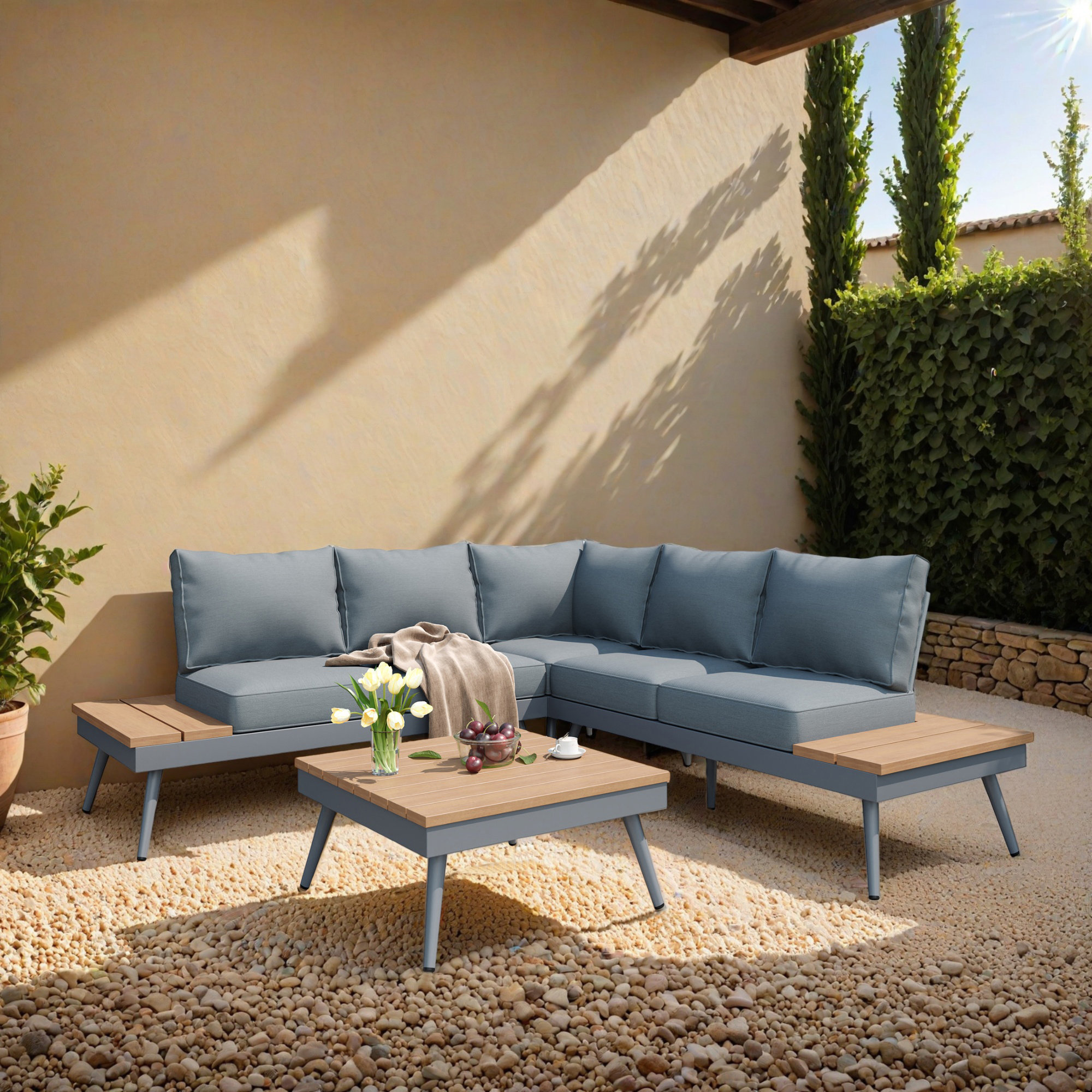 George Oliver L-Shaped Patio Sectional Sofa with Side table, Outdoor ...