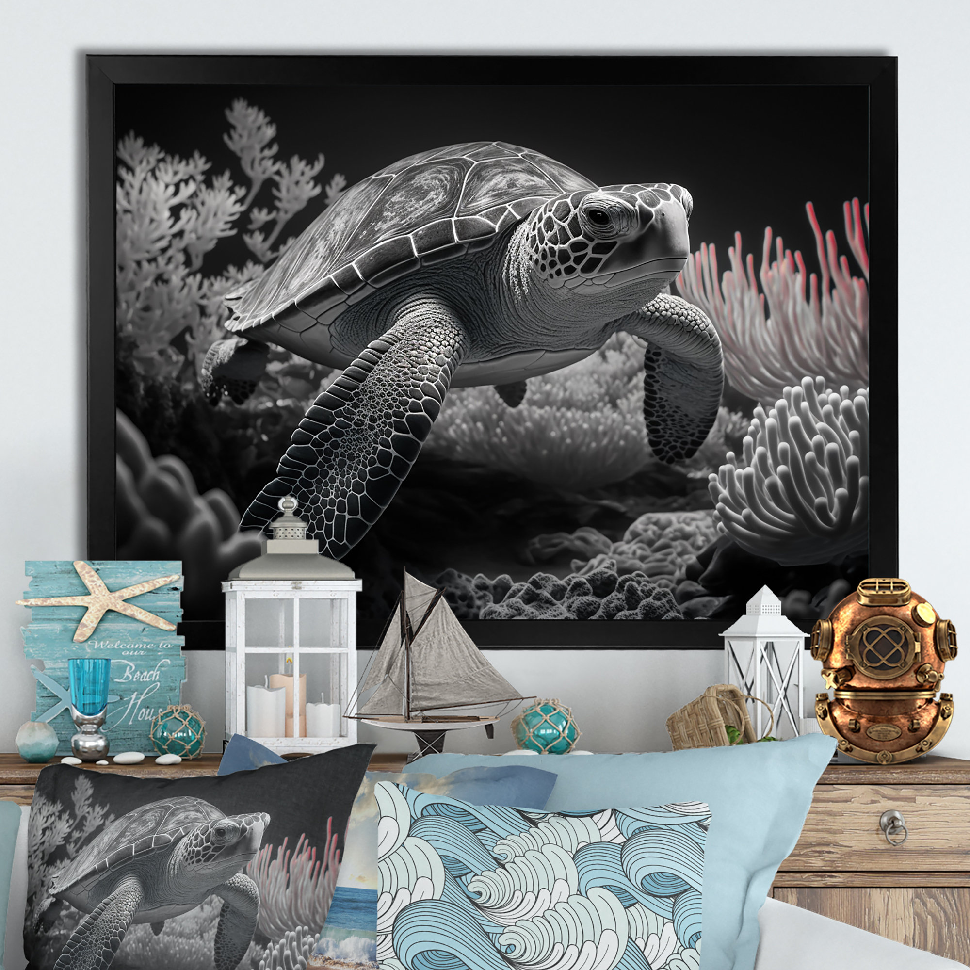 Bay Isle Home™ Black and White Deep Sea Turtle - Print on Canvas | Wayfair