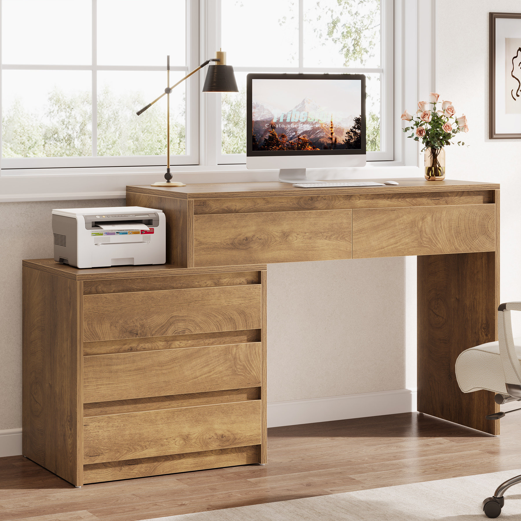 17 Stories Home Office Computer Desk With 5 Drawers, 63" Executive Desk ...