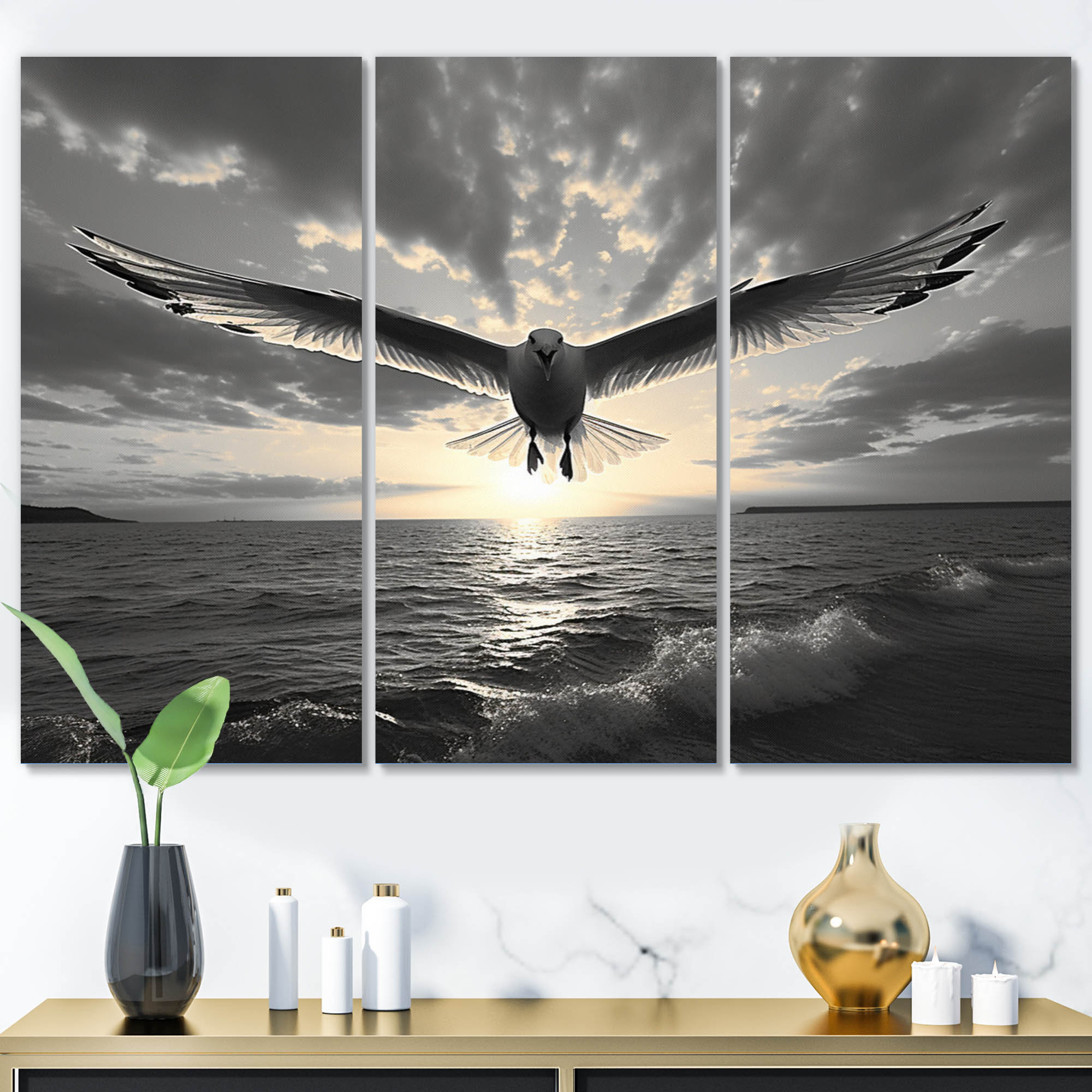 Design Art Grey Beach Seagulls In Flight V - Animals Metal Wall Decor ...