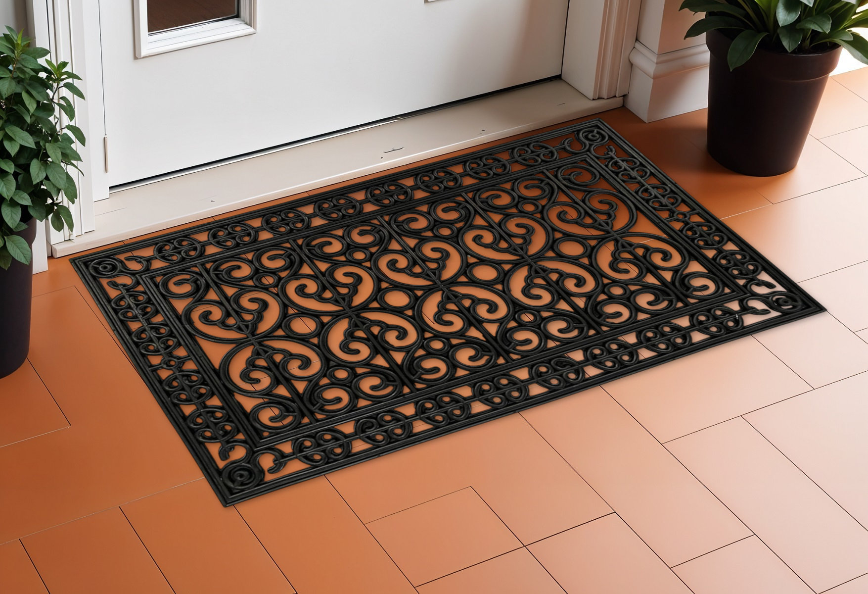 Charlton Home® 18" X 30" Black Scrollwork Outdoor Rubber Door Mat | Wayfair