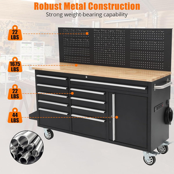 Zstar Workbench, 61In Heavy Duty Rolling Cabinet Workbench With Solid ...