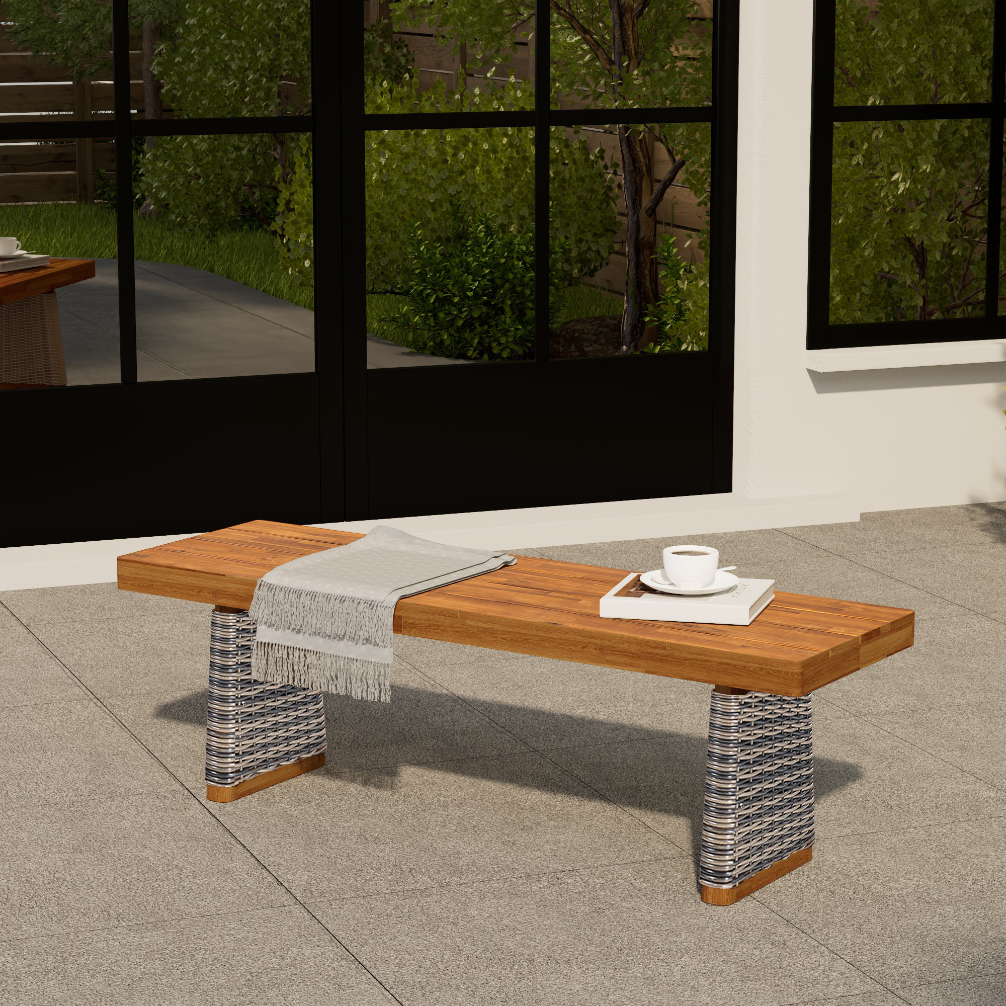 Bay Isle Home™ Henry Outdoor Acacia Wood Bench With HDPE Wicker Legs ...