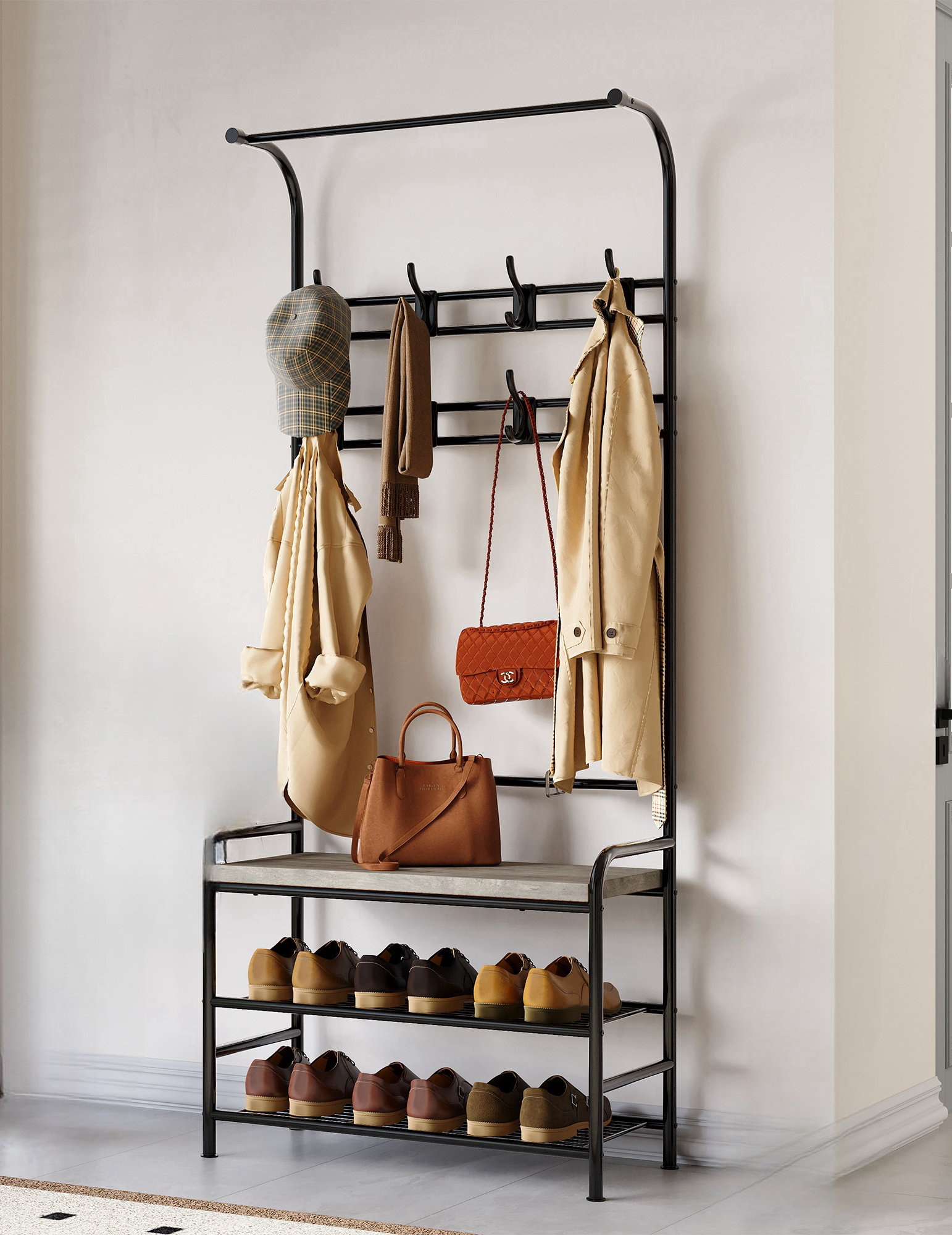 17 Stories 4-in-1 Hall Tree Shoe Bench For Entryway, Coat Tree With ...