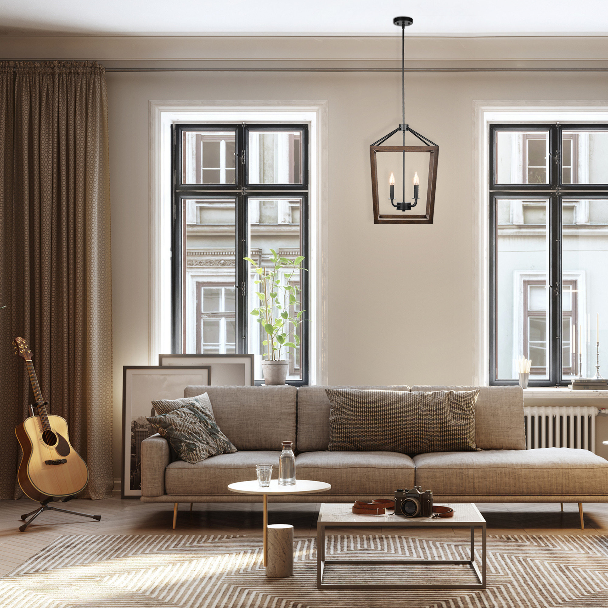 Gracie Oaks Archita 4-Light Matte Black Pendant With Faux Wood Accent ...