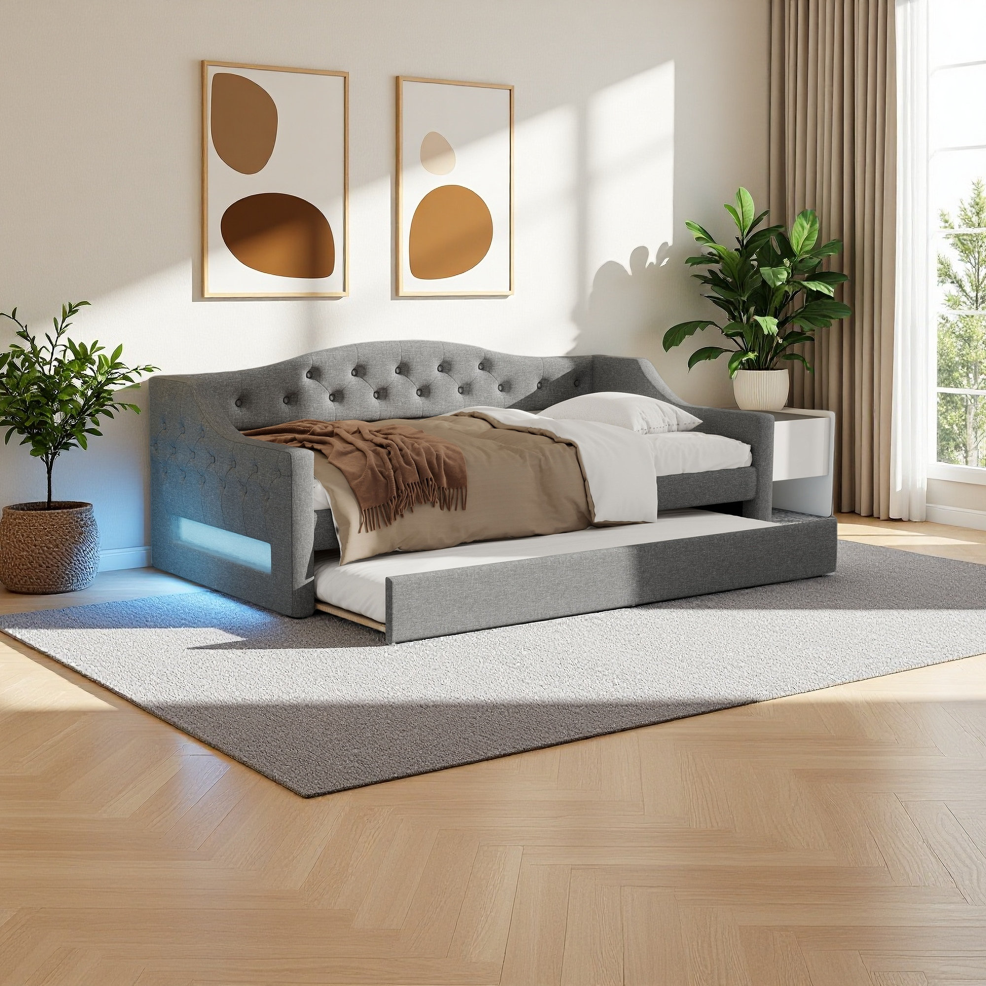 Ivy Bronx Upholstered Twin XL Size Daybed With LED Belt And Trundle ...