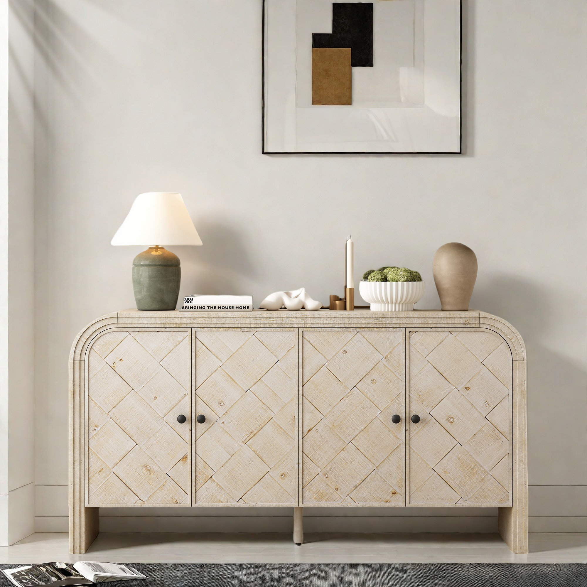 Ebern Designs Multi-functional Sideboard With Handwoven Wood Slat Doors, Tiered Stepped Design ...
