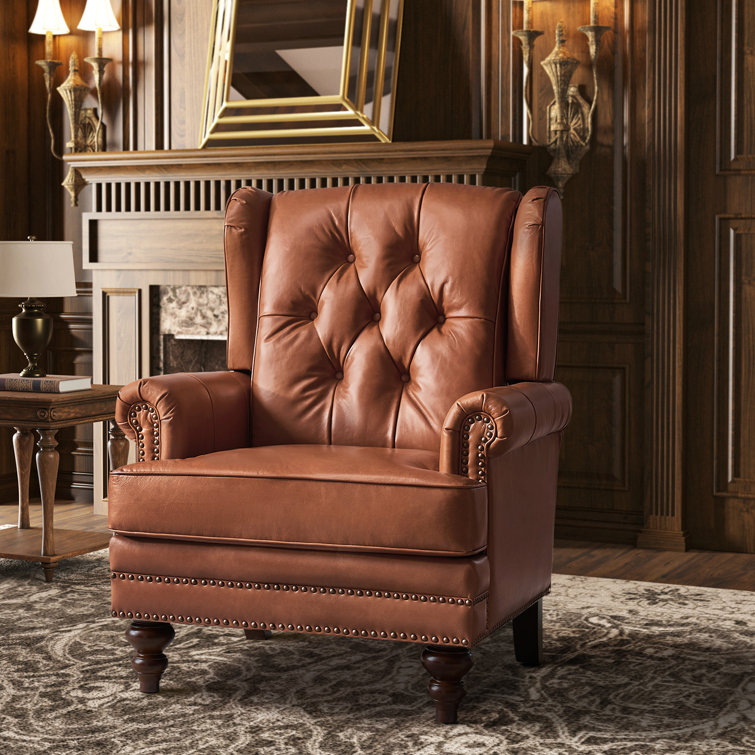 Canora Grey Tyleah 34"W Traditional Waxed Genuine Leather Accent Chair ...