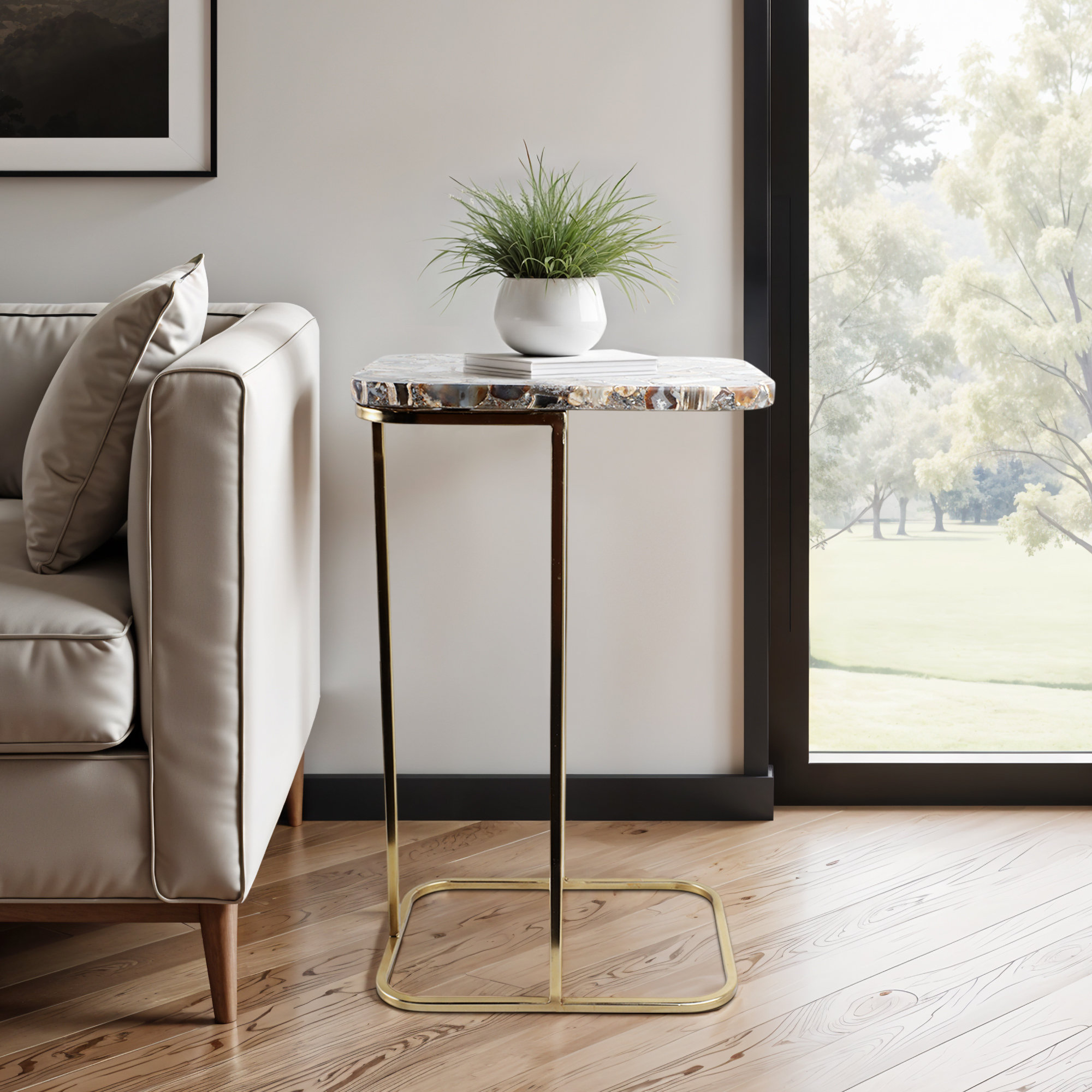 Everly Quinn Side Table with Agate Top and Gold Metal Base, C-Shaped ...