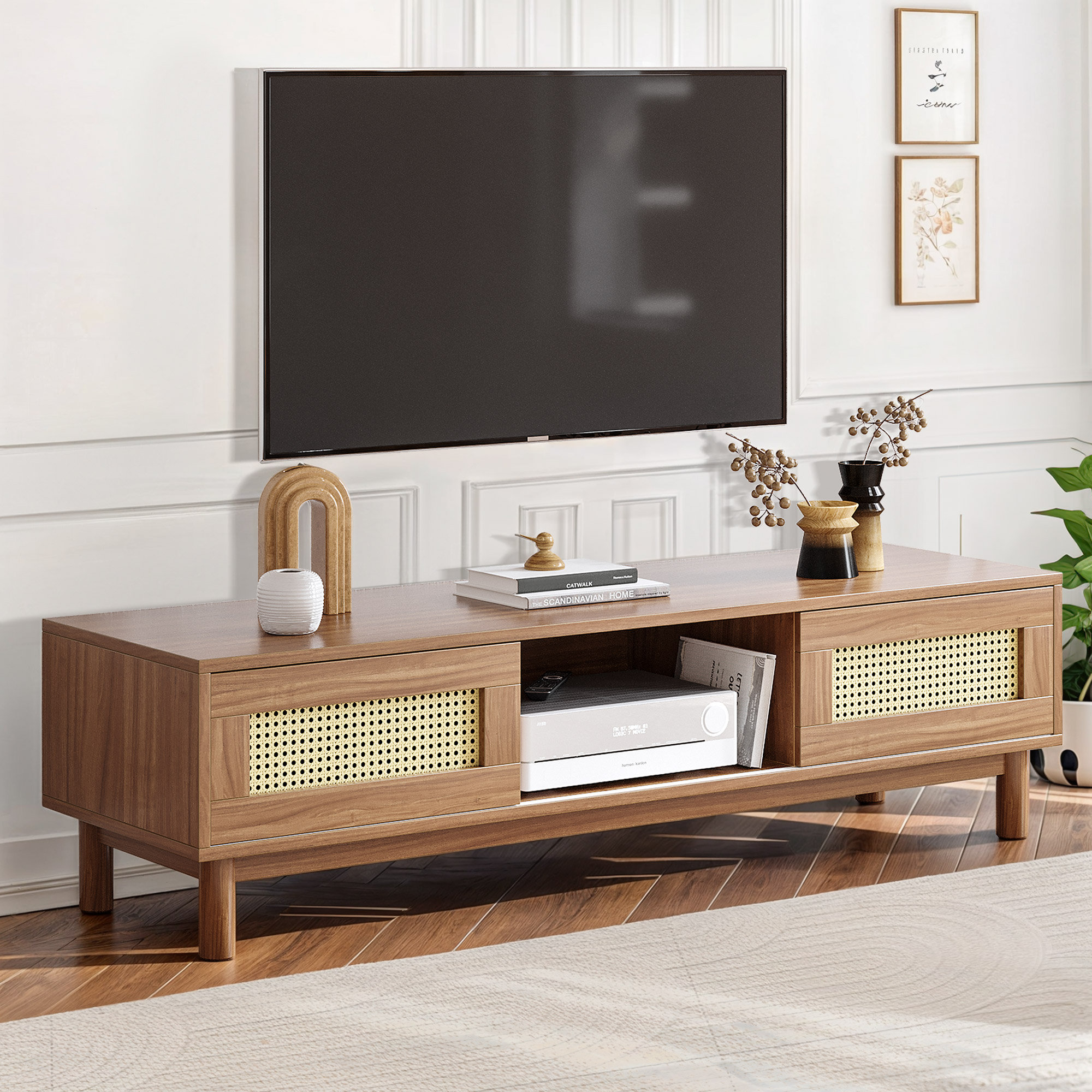 Ebern Designs Rattan TV Stand With Wicker Sliding Doors For Tvs Up To ...