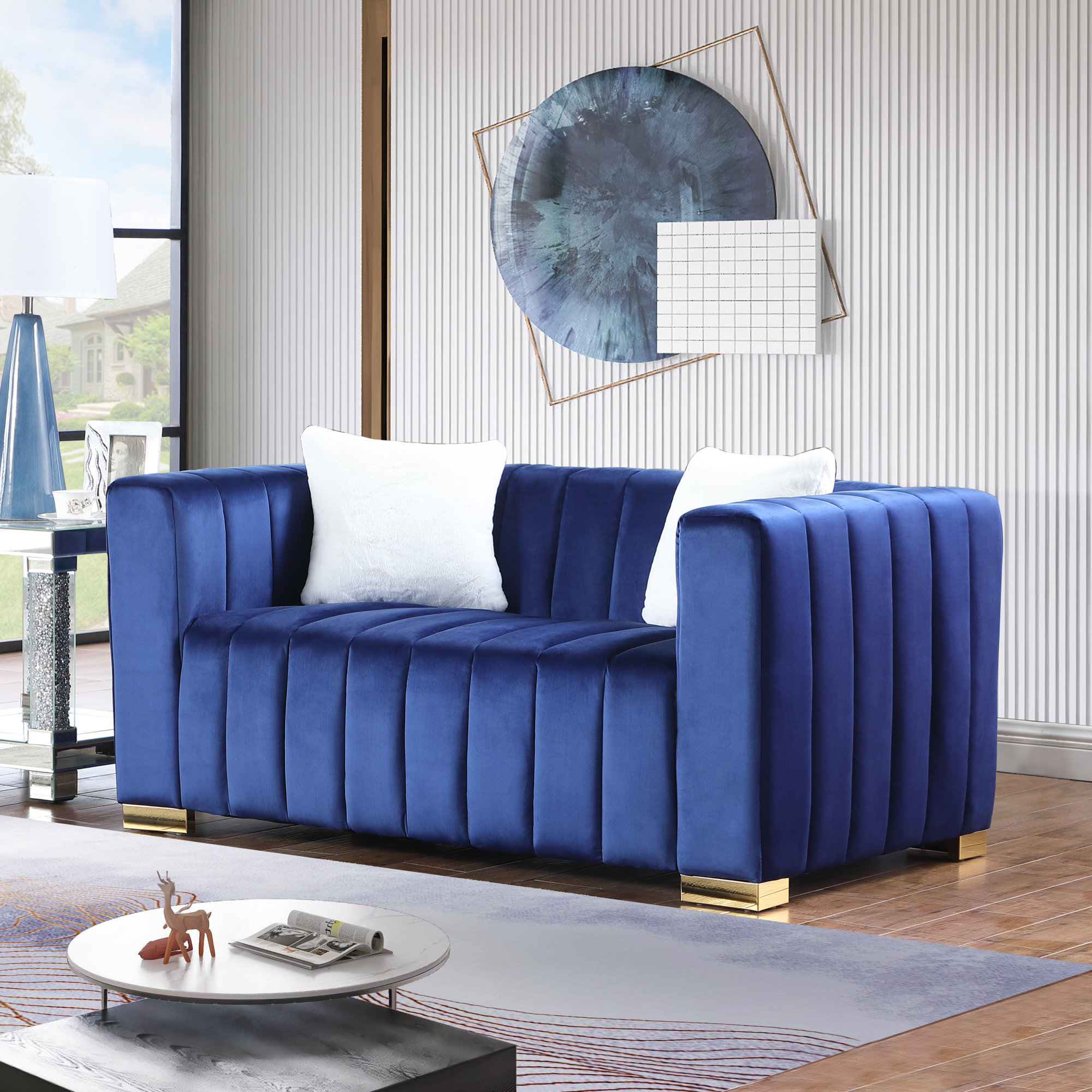 Mercer41 Navy Blue Channel Sofa, A Modern Take On Traditional ...