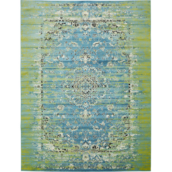 Bungalow Rose Yareli Performance Blue/Green Rug & Reviews | Wayfair