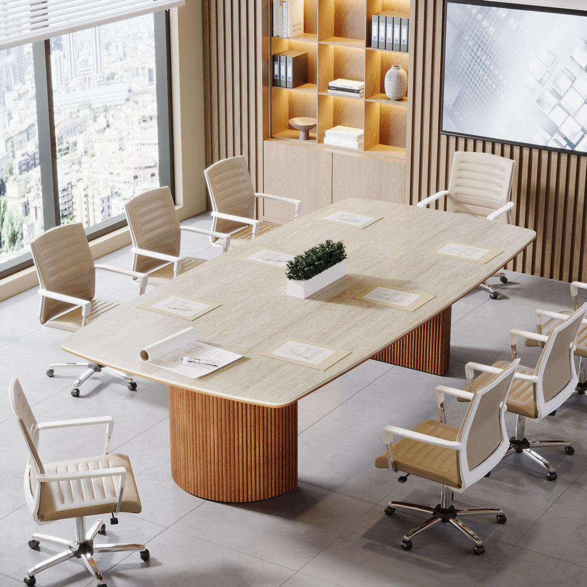 Inbox Zero Conference Table With Unique Travertine Slab Top And Semi ...