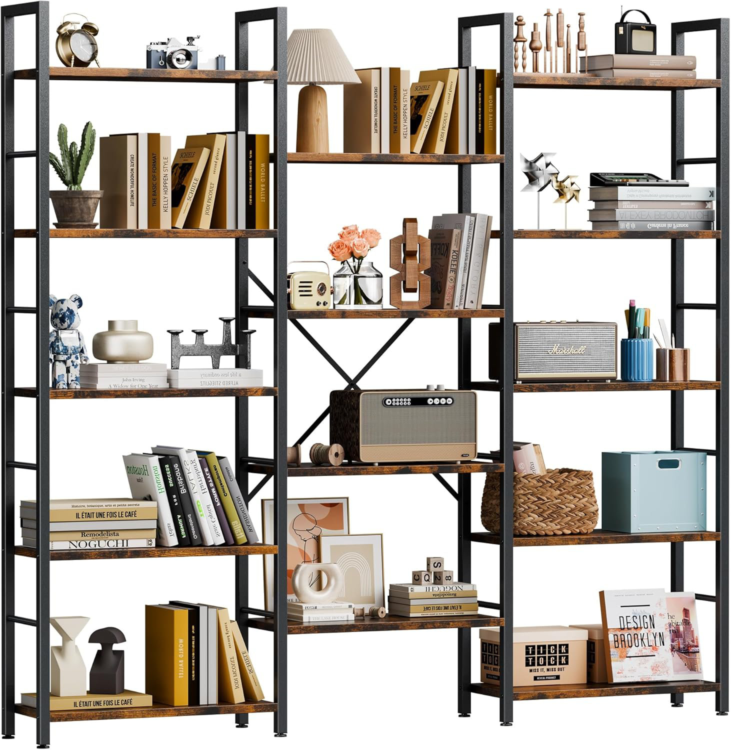 17 Stories Triple 5 Tier Bookshelf Industrial Large Bookcase With 14 ...