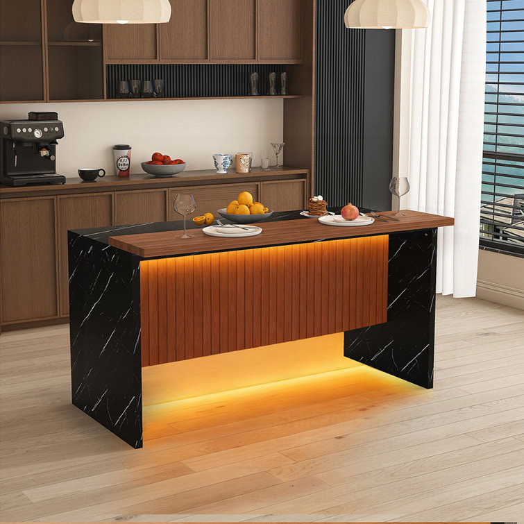 Latitude Run® Modern Kitchen Island with Marble-Look Surface, LED ...