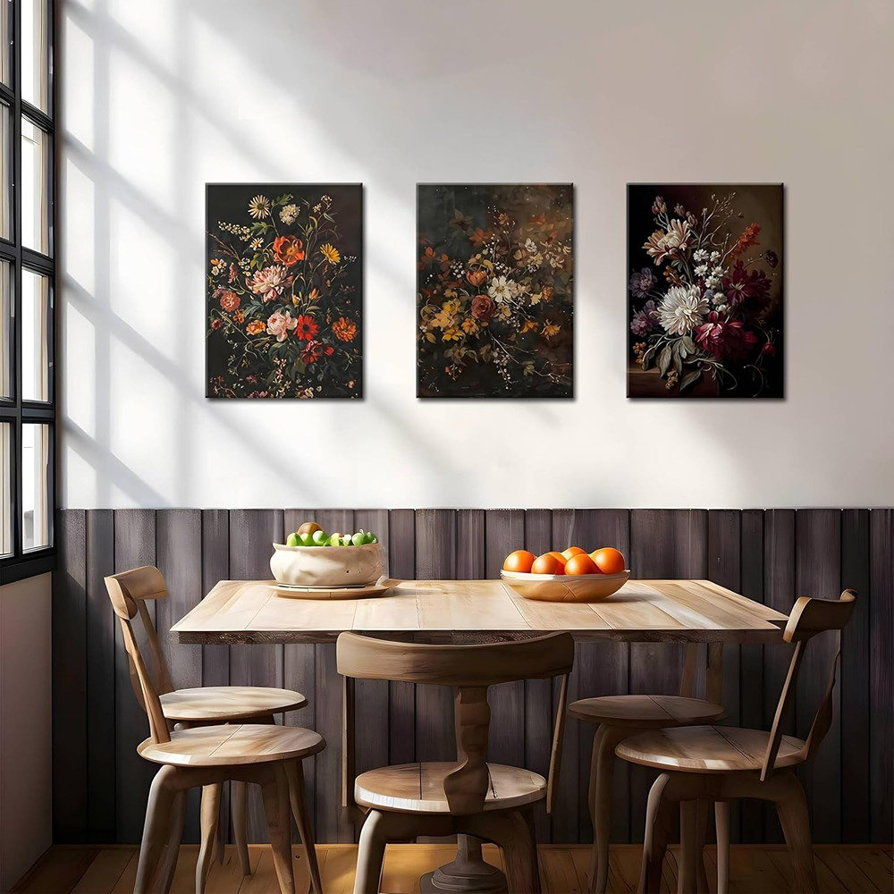 Winston Porter Dark Floral Canvas Wall Art Set Dark Academia Flower Prints Vintage Botanical ...