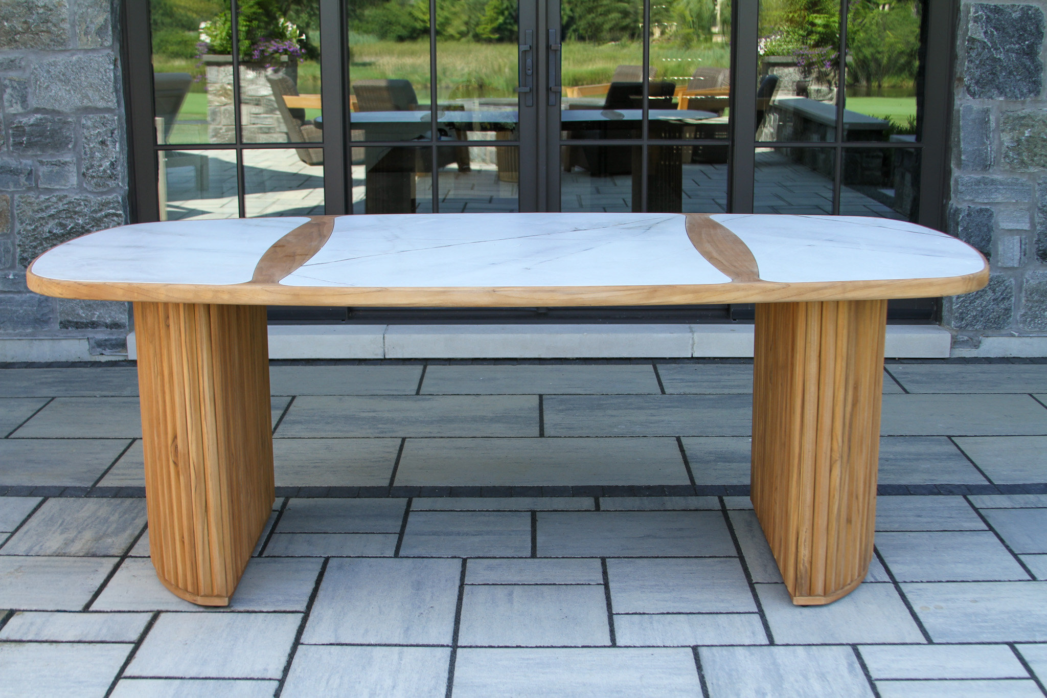 Joss & Main Oval Fluted Teak & Orobico Sintered Stone Dining Table ...