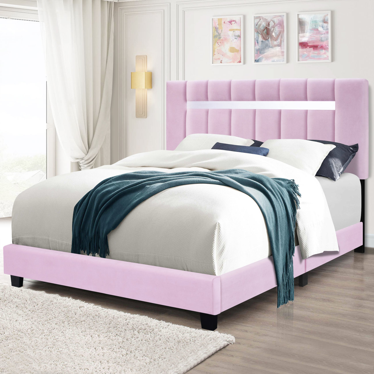 Wrought Studio™ Pink Velvet Upholstered Bed Frame With Adjustable ...