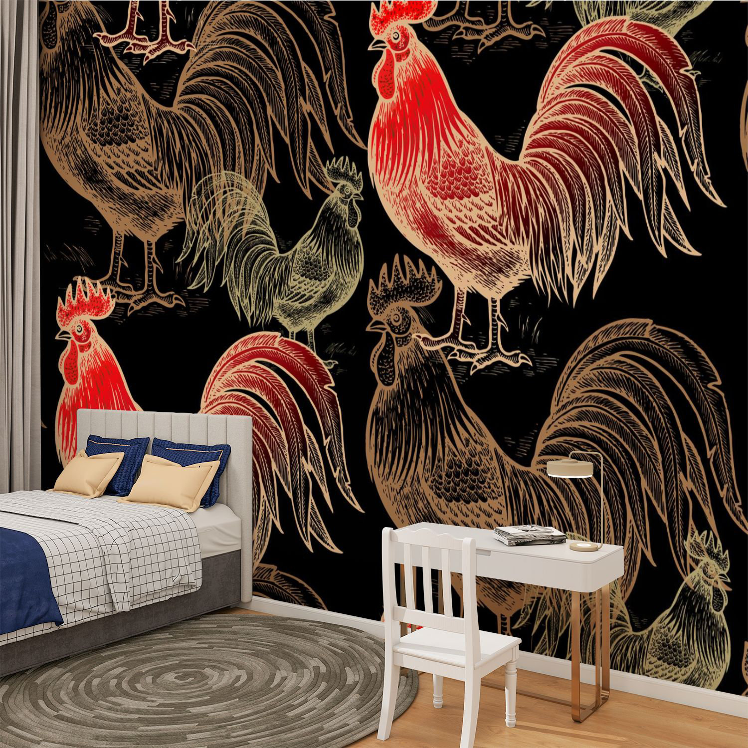 Gracie Oaks Peel and Stick Canvas Wallpaper Wall Mural Roosters black ...