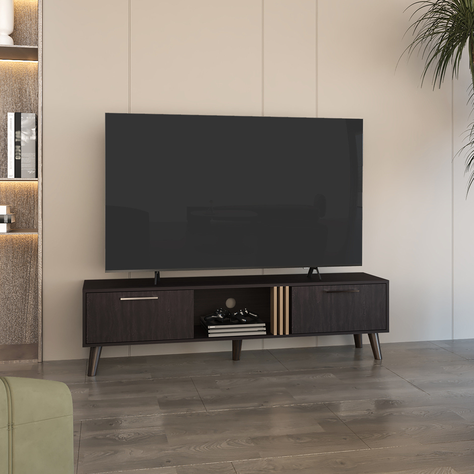 George Oliver 63" Tv Stand With Two Pull-Down Cabinets And Organized ...