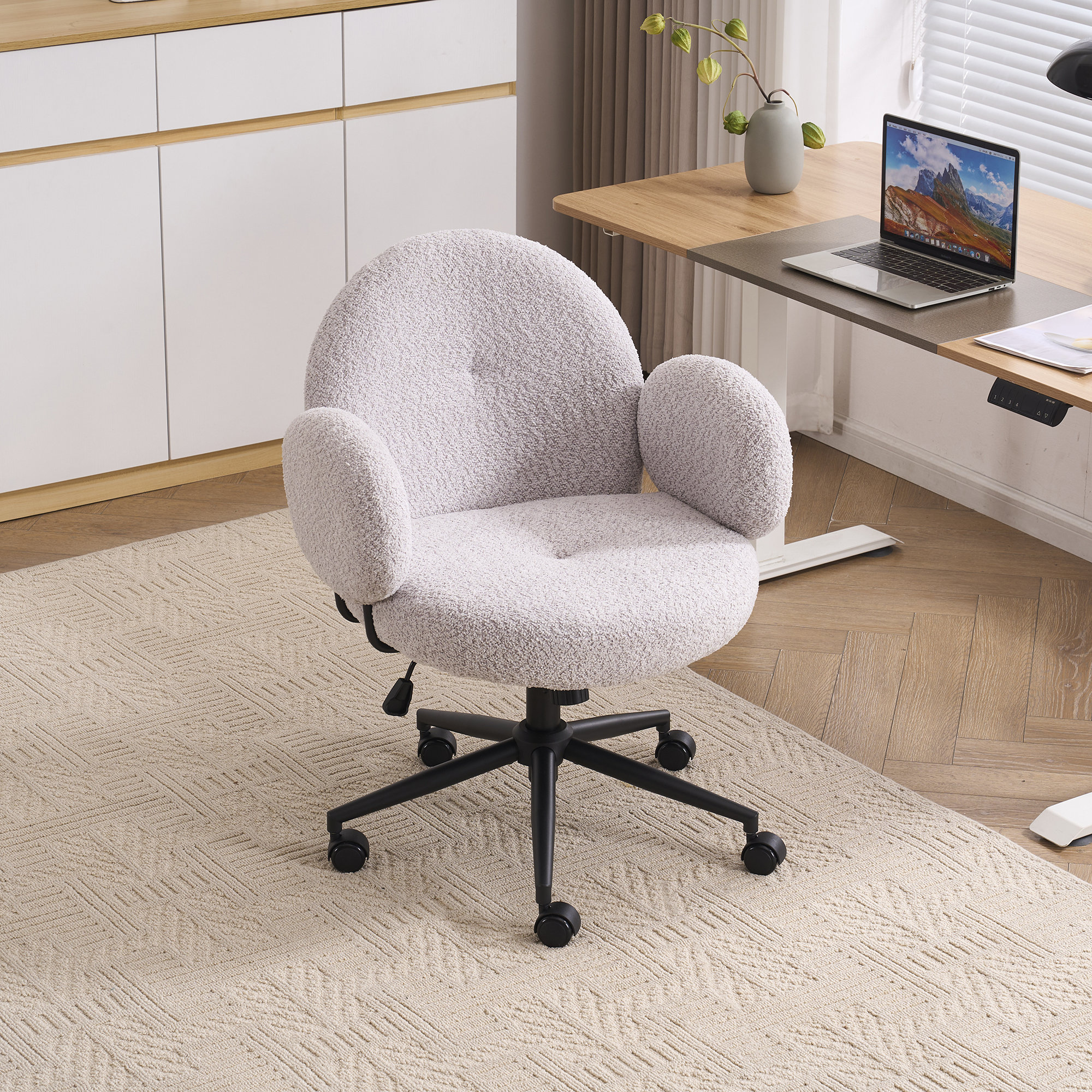 Ebern Designs Vinka Boucle Swivel Upholstered Home Office Task Desk ...