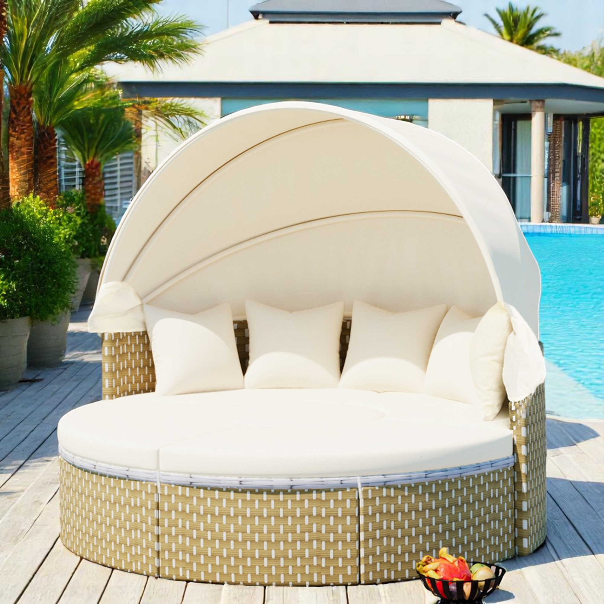 Latitude Run® 66.52" Round Wicker Outdoor Patio Daybed With Canopy ...