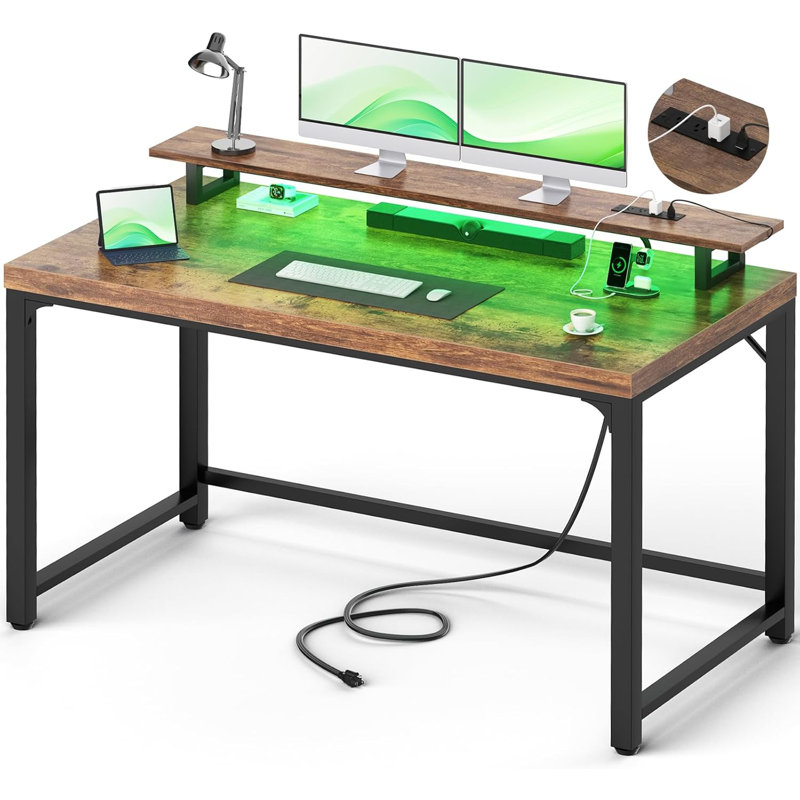 17 Stories Balwant Computer Desk with Power Outlets, LED Strip and ...