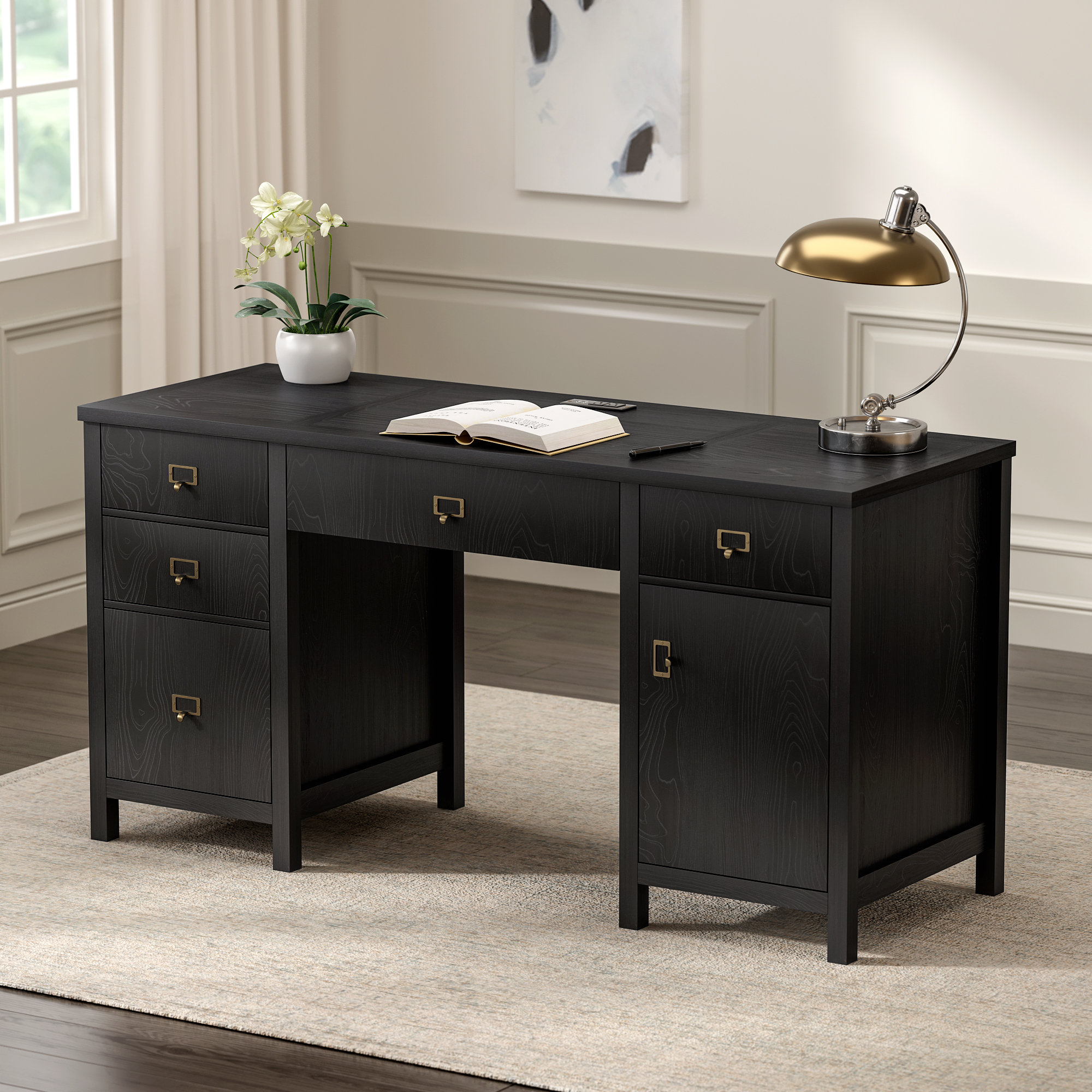 Latitude Run® 59 Inch Executive Office Desk With Built-In File Cabinets ...