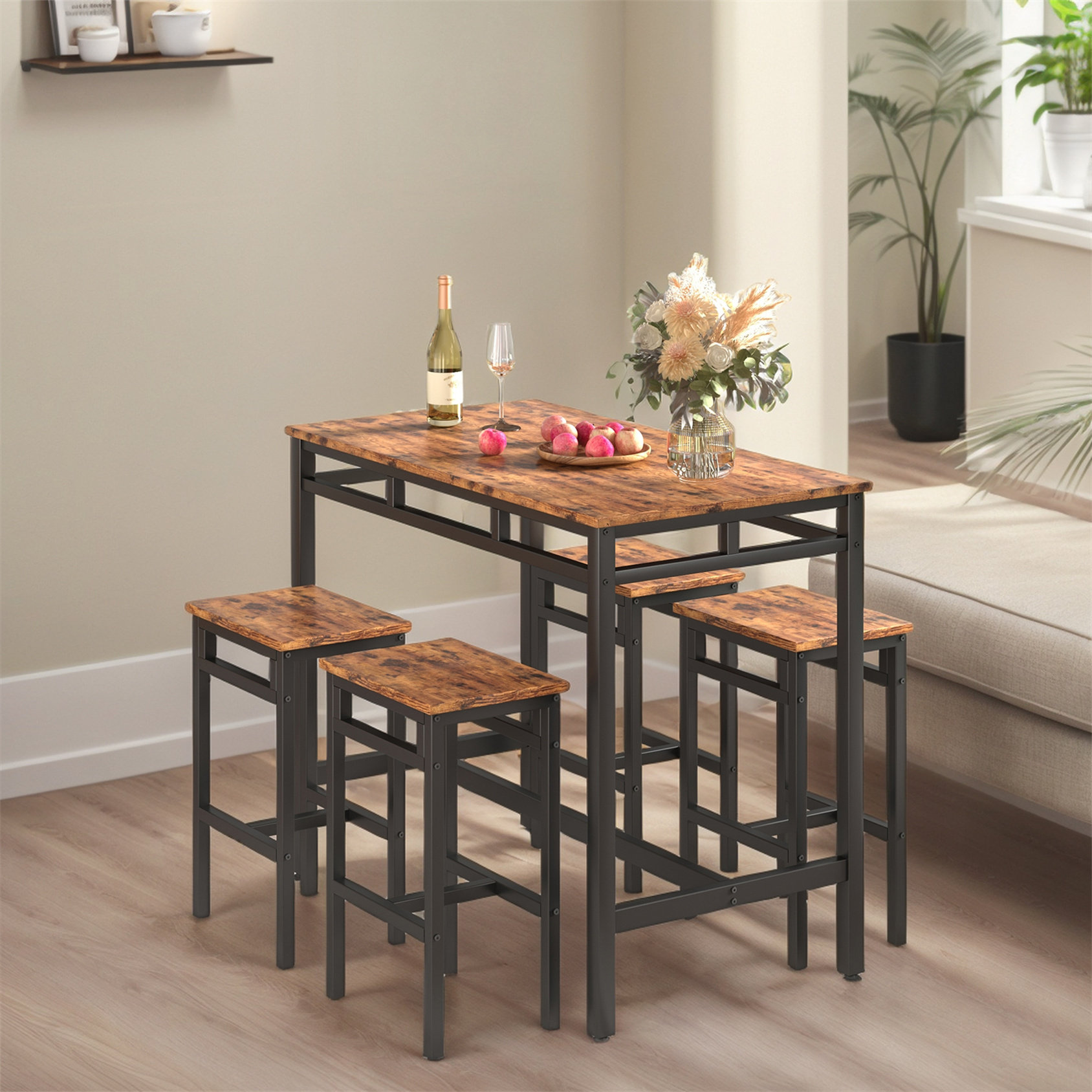 17 Stories 5Pcs Industrial Bar Table Set High Top Table With Stools ...