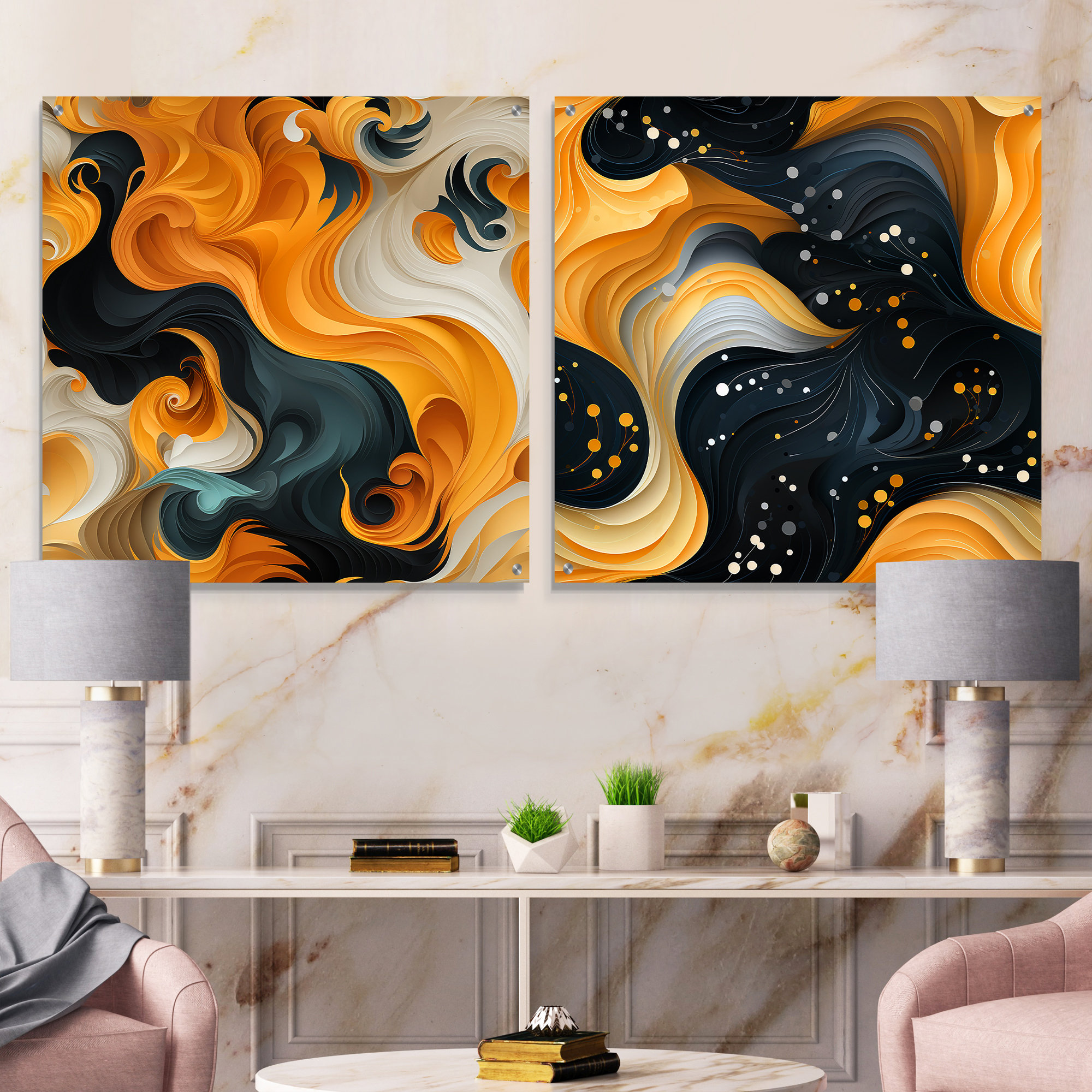 Design Art Yellow And Black Midcentury Waves Fusion - Abstract Acrylic ...