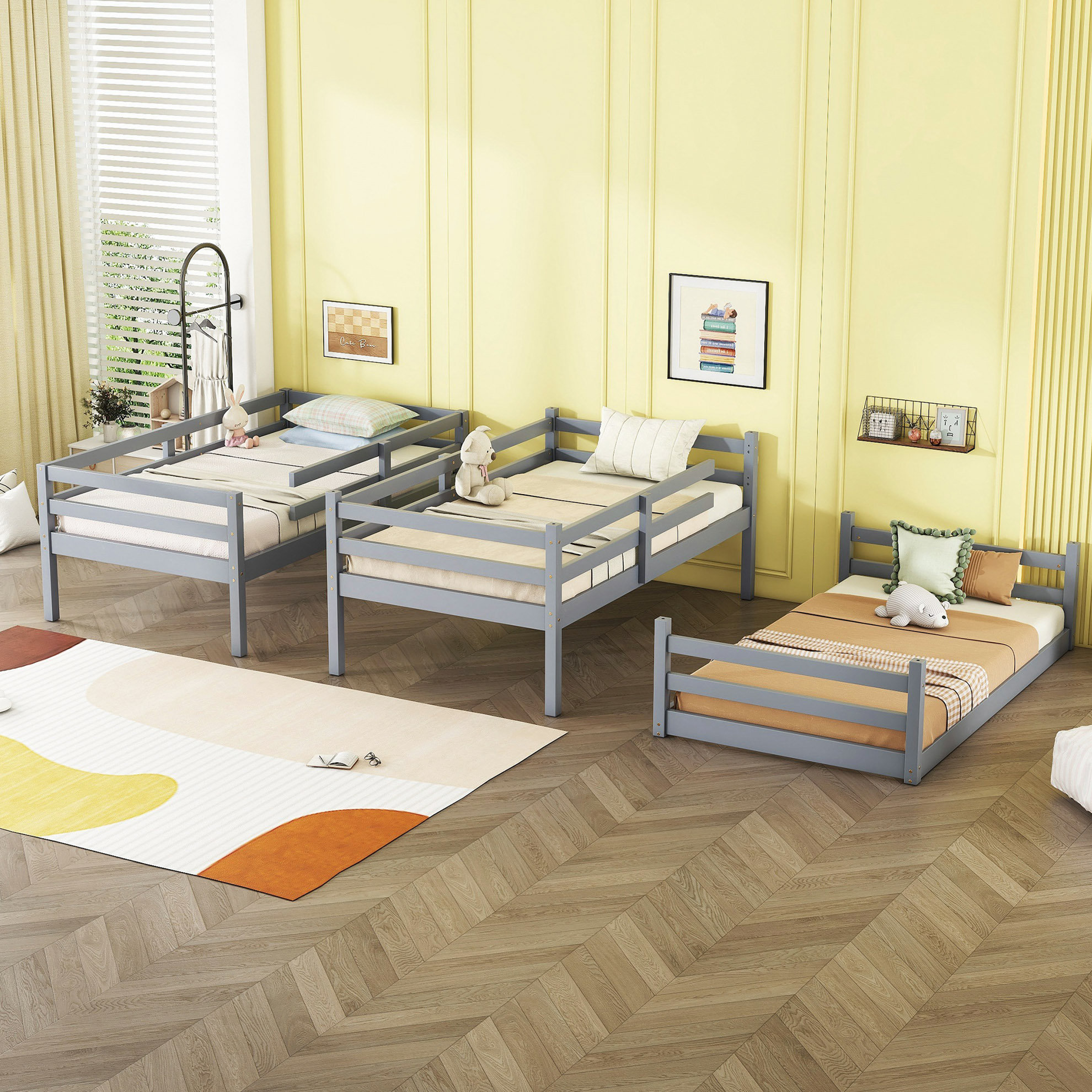 Harriet Bee Triple Rubber Wood Bunk Bed With Two Built-In Ladders ...